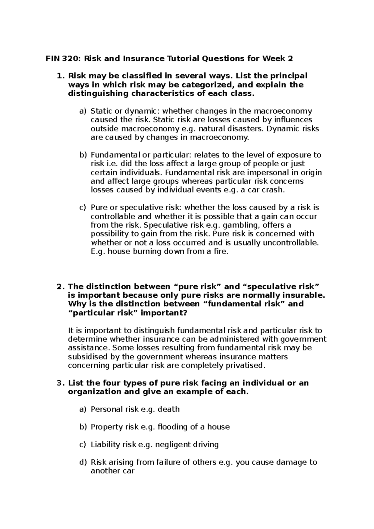Week 1 Practice questions - FIN 320: Risk and Insurance Tutorial ...