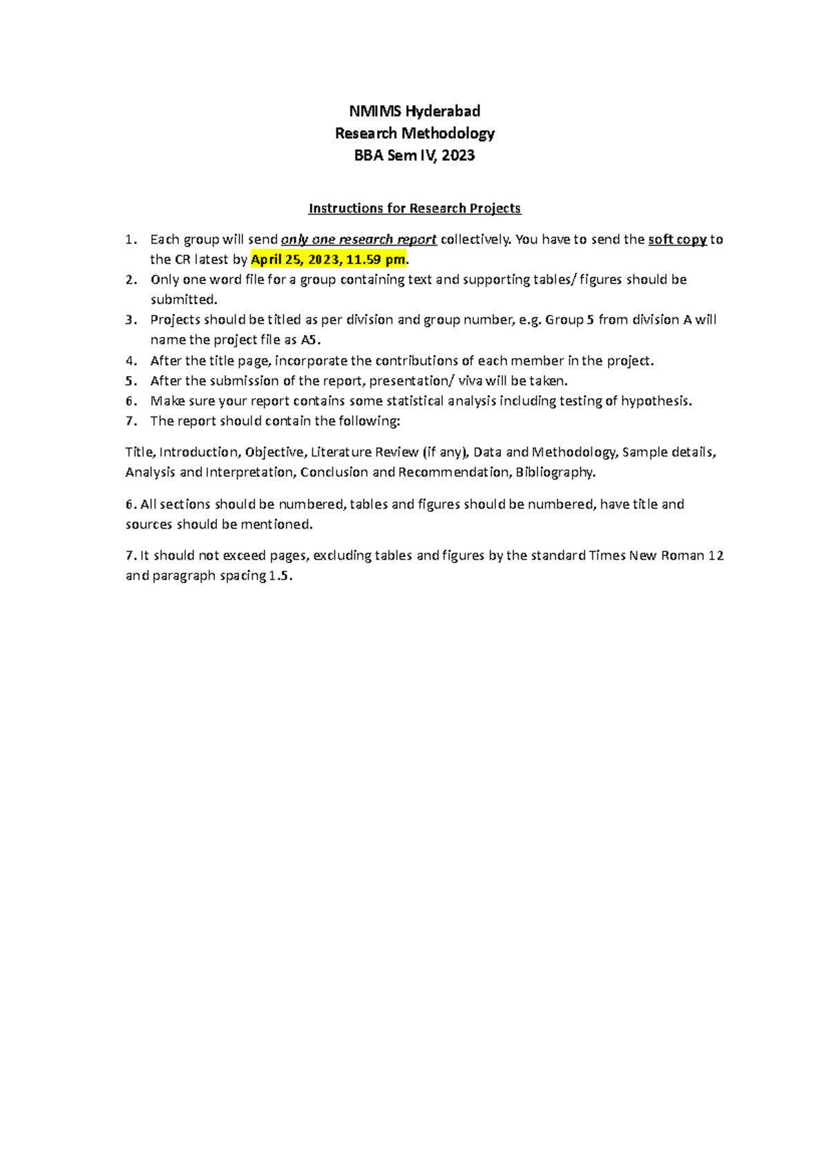 Projects Instructions - NMIMS Hyderabad Research Methodology BBA Sem IV ...
