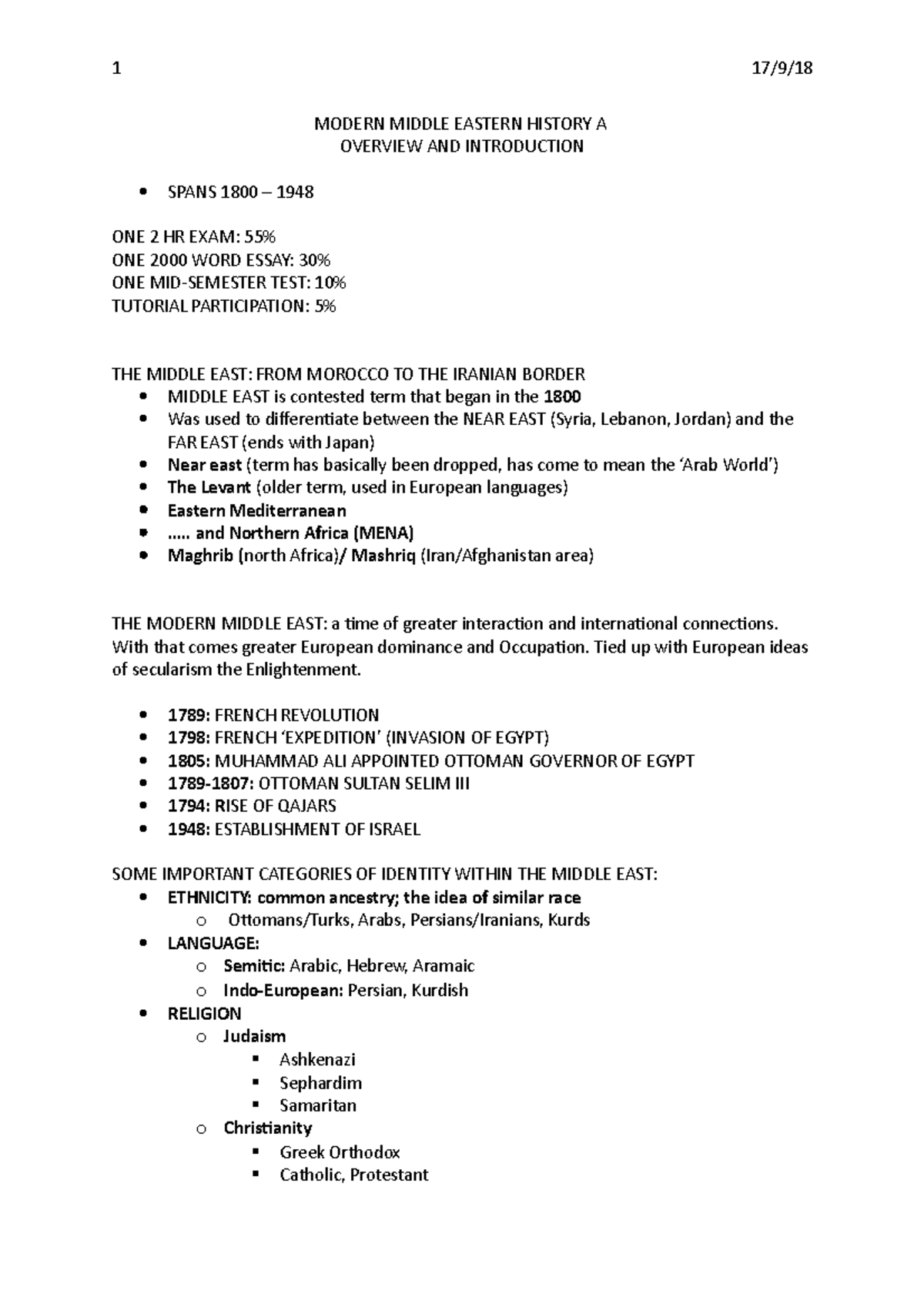 Modern Middle Eastern History A 1 - 1 17/9/18 MODERN MIDDLE EASTERN ...