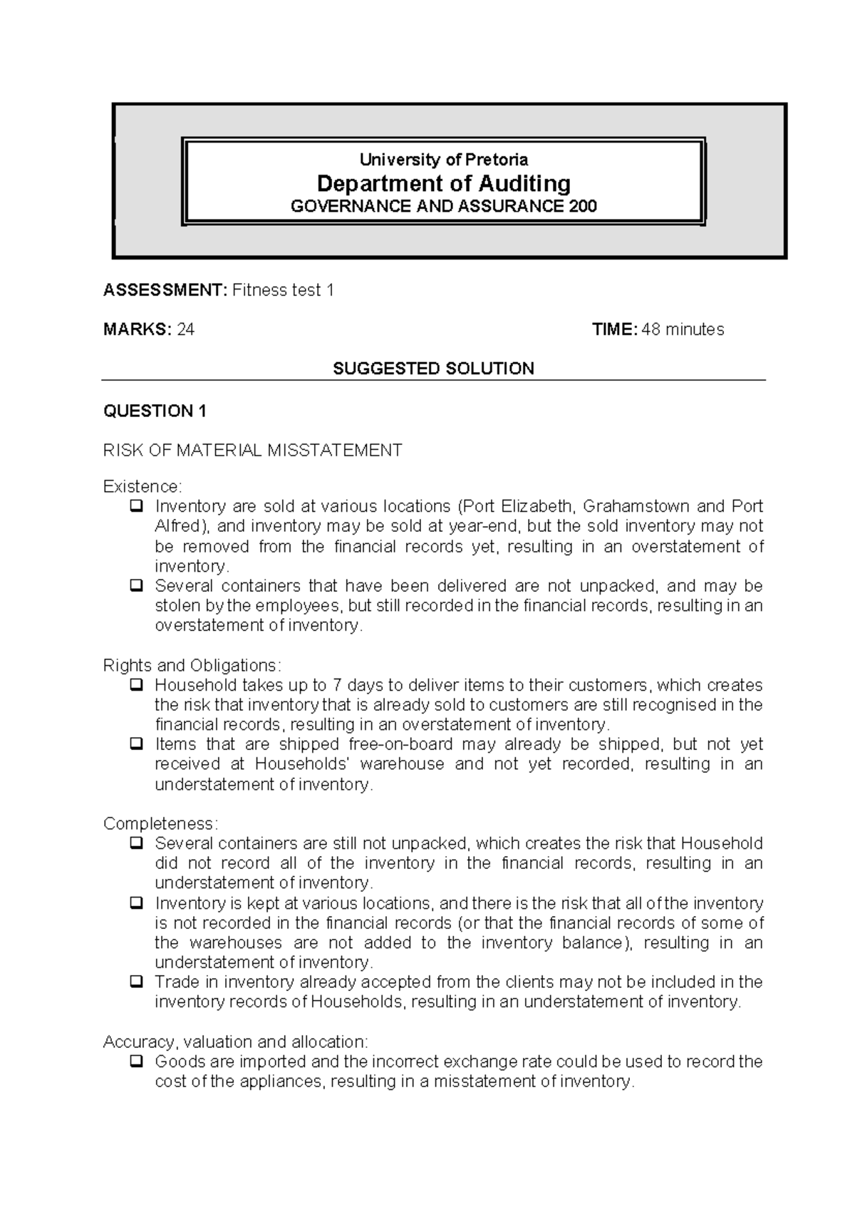 Fitness test 1 - Suggested solution - University of Pretoria Department ...