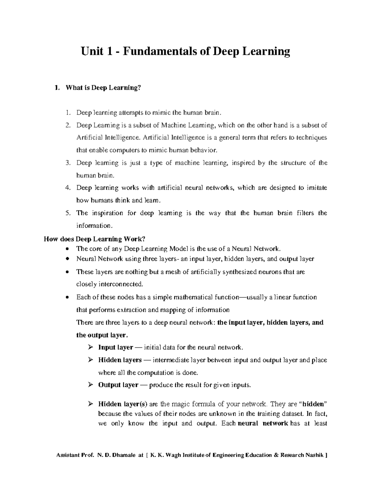 Unit 1 Notes Fundamentals of Deep Learning - Unit 1 - Fundamentals of ...