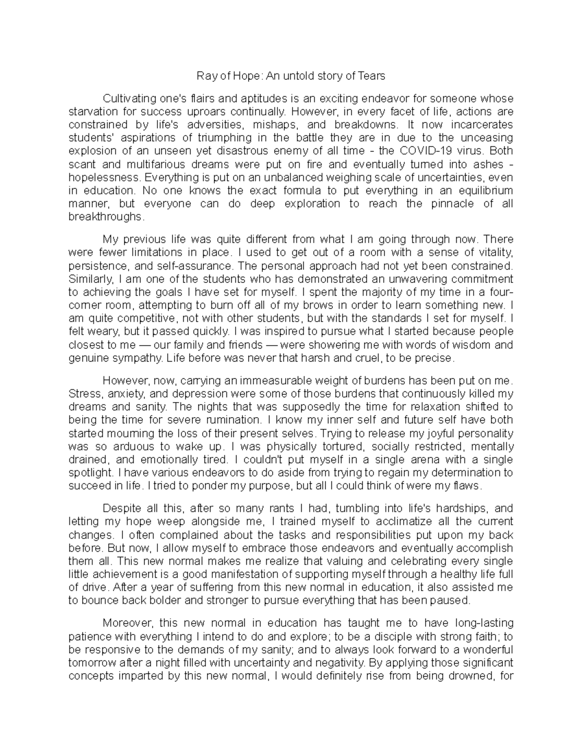Essay Writing Entry (IIA1) - Ray of Hope: An untold story of Tears ...