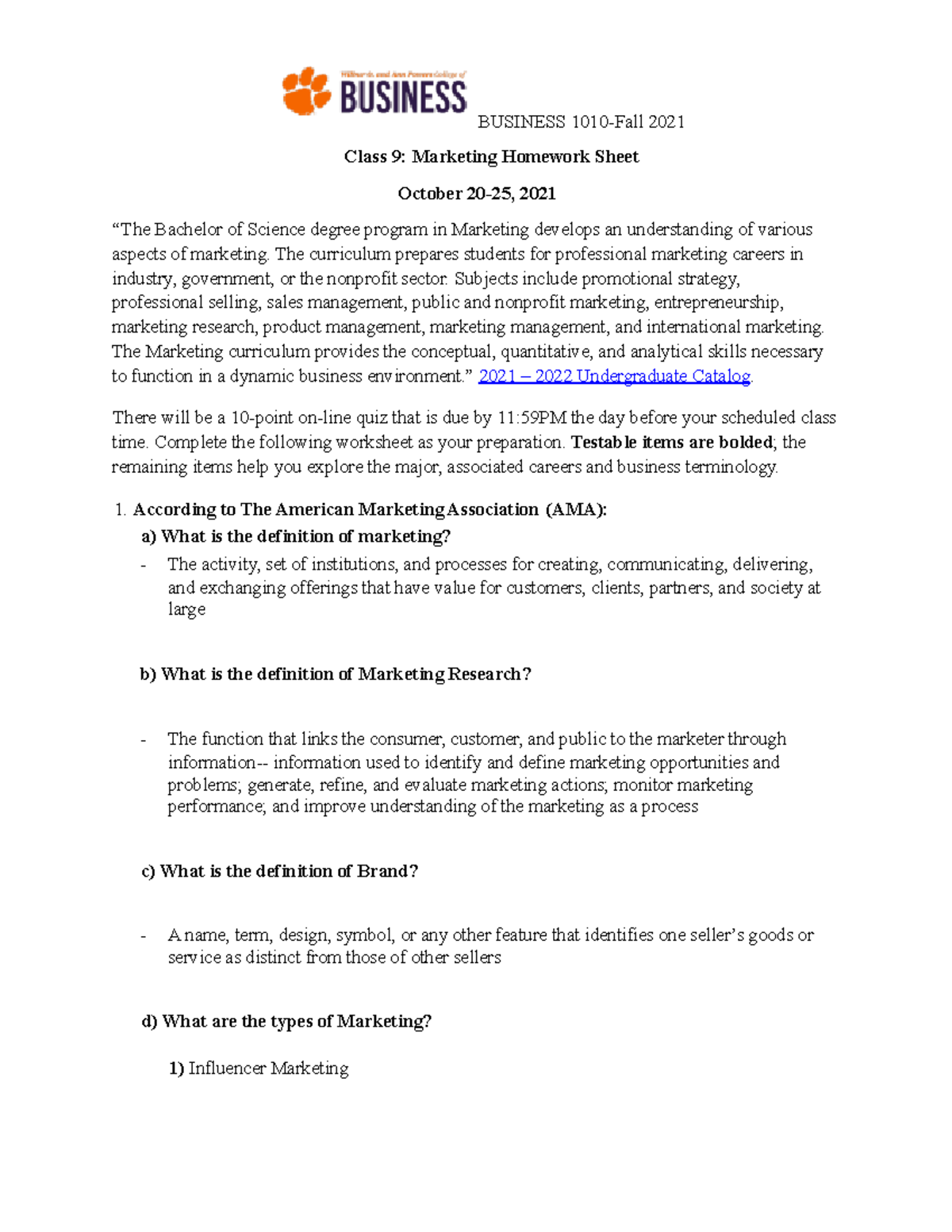 Week 10 Homework Sheet - BUSINESS 1010-Fall 2021 Class 9: Marketing ...