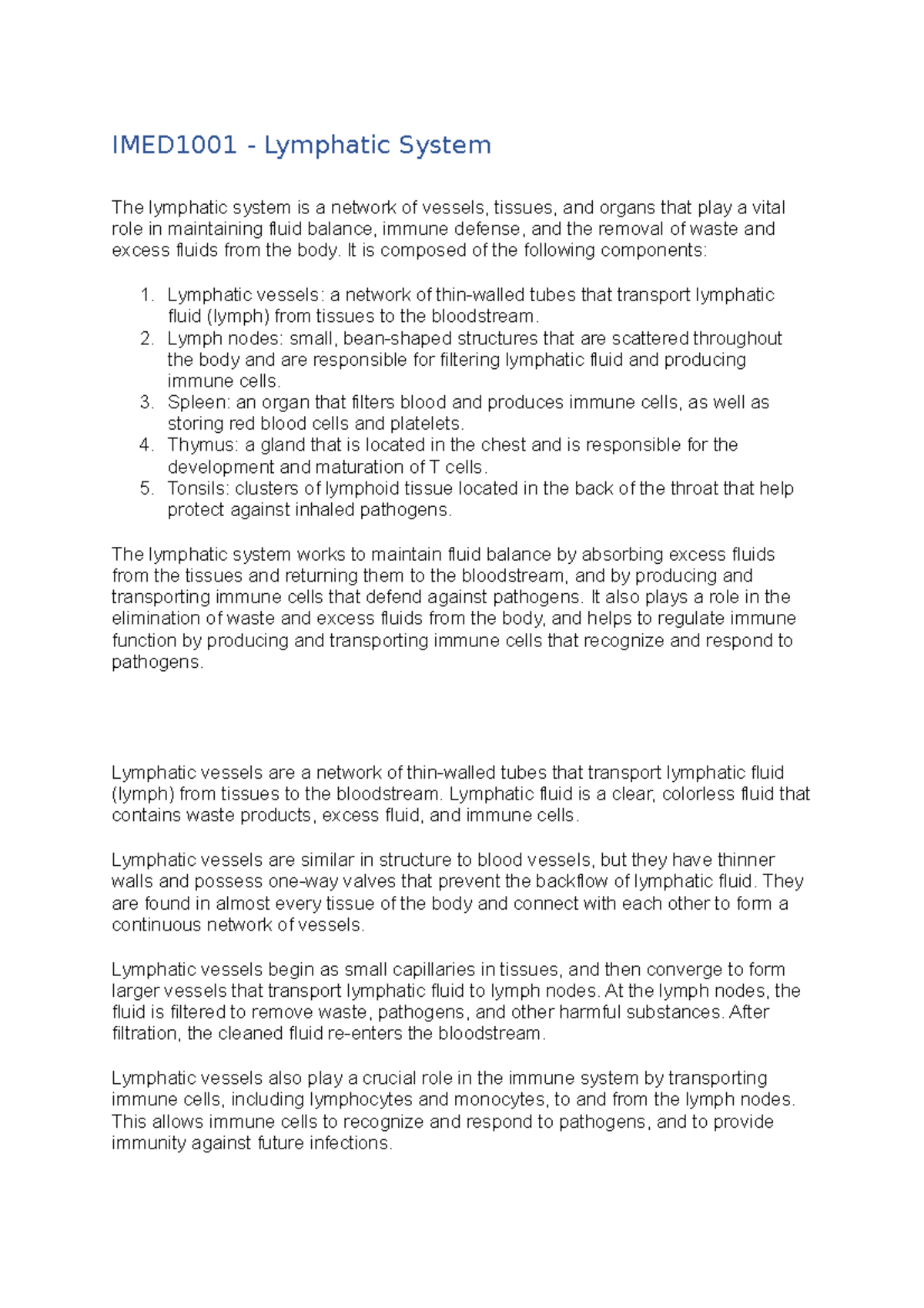 IMED1001-Lymphatics - Detailed lecture notes on the lymphatic system ...