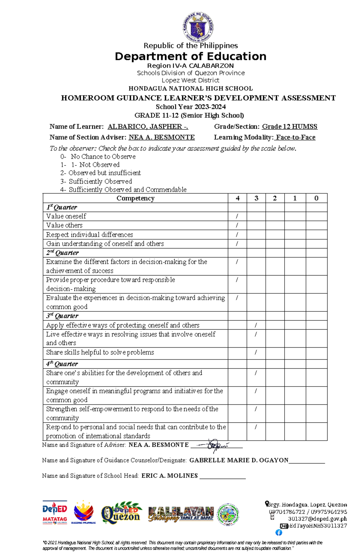 HGP 2024 - Homeroom Guidance Program- DepEd Checklist - Brgy. Hondagua ...