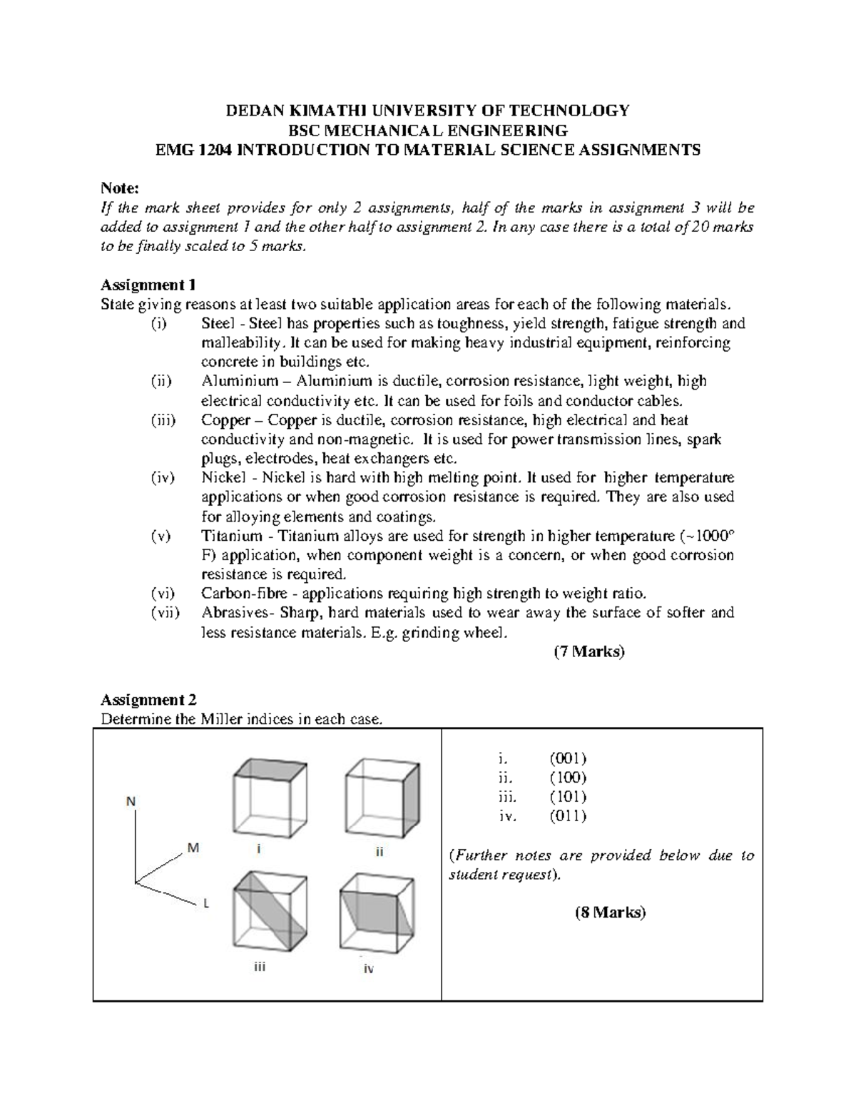 EMG 1204 Assignments - Solutions - DEDAN KIMATHI UNIVERSITY OF TECHNOLOGY BSC MECHANICAL ...