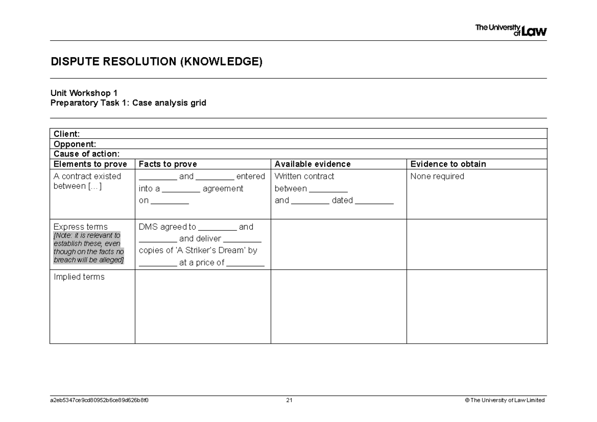 Case Analysis Grid - DISPUTE RESOLUTION (KNOWLEDGE) Unit Workshop 1 ...