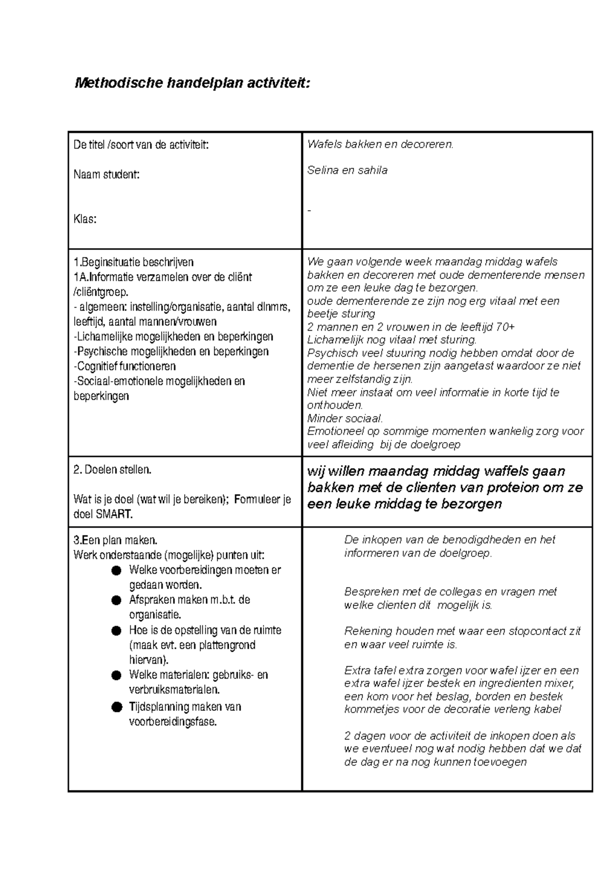 Methodische handelplan activiteit - Selina en sahila - 1 beschrijven 1A ...