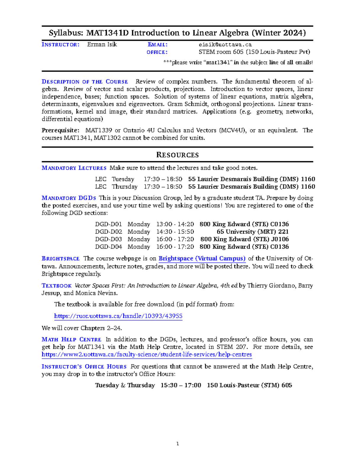 2023 MAT1341 - Syllabus - Syllabus: MAT1341D Introduction to Linear Algebra (Winter 2024) - Studocu