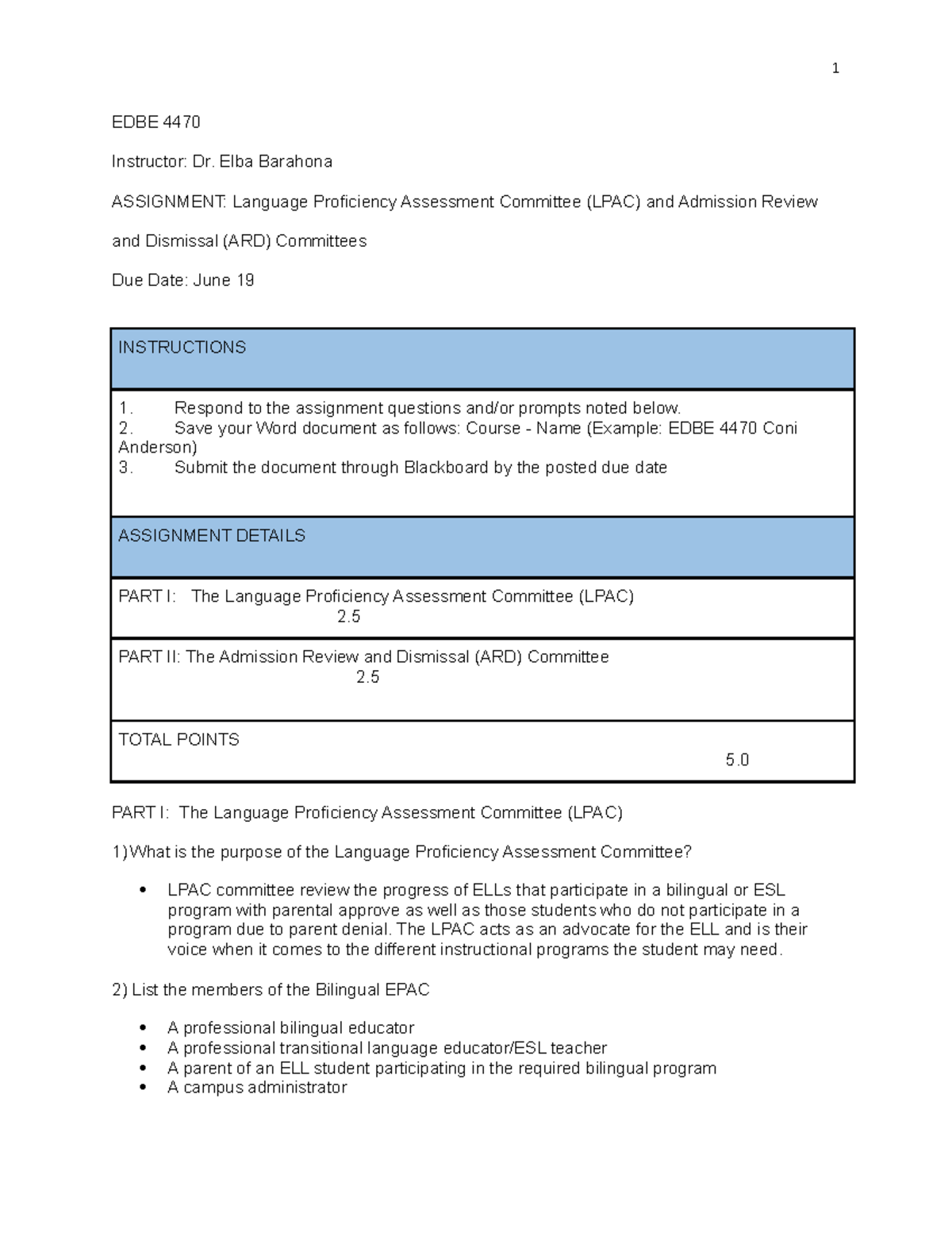 LPAC and ARD Committee - 1 EDBE 4470 Instructor: Dr. Elba Barahona ...