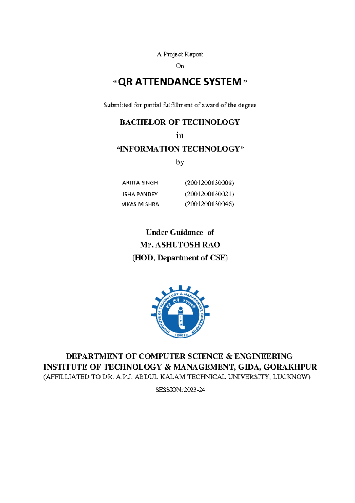 Vikas final Report - A Project Report On “ QR ATTENDANCE SYSTEM ...