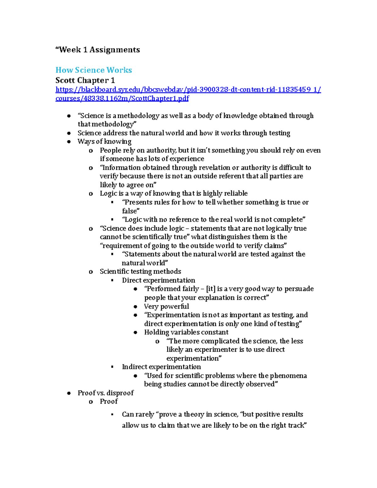 BIO 310 - Week 1 Assignments - “Week 1 Assignments How Science Works Scott Chapter 1 - Studocu