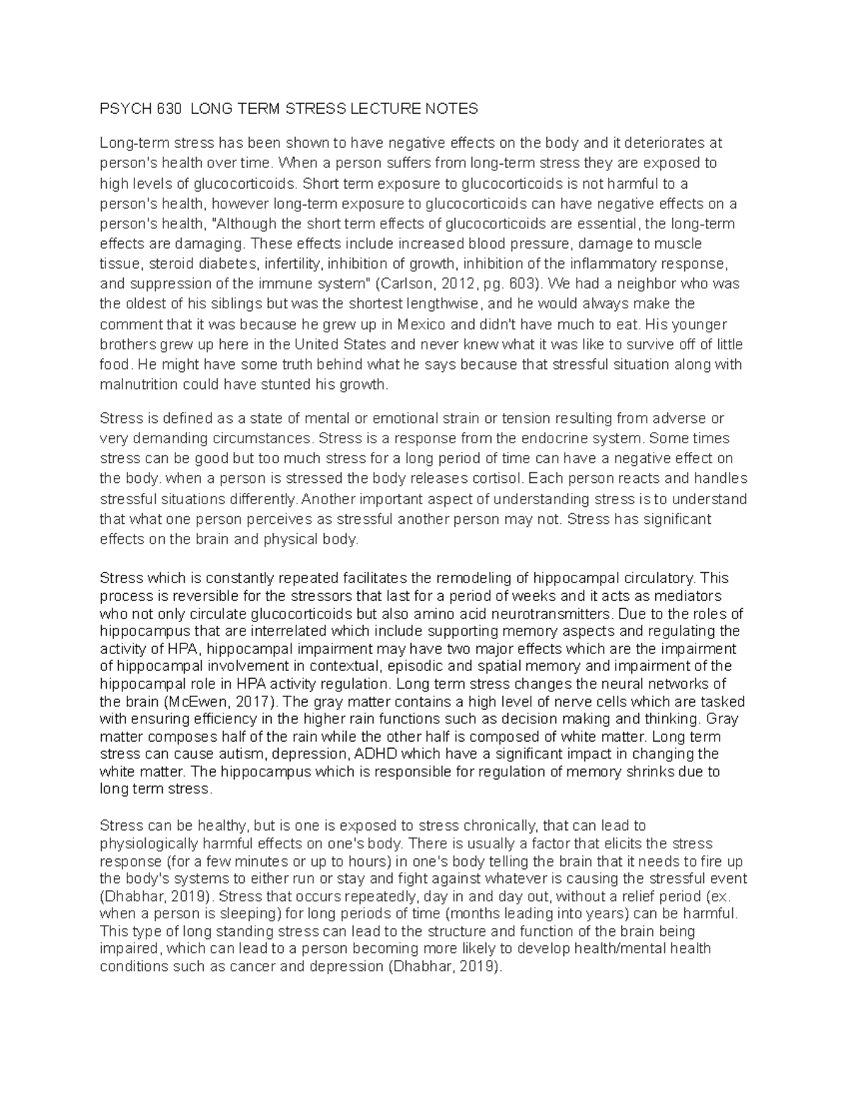 PSYCH 630 LONG TERM Stress Lecture Notes - PSYCH 630 LONG TERM STRESS ...
