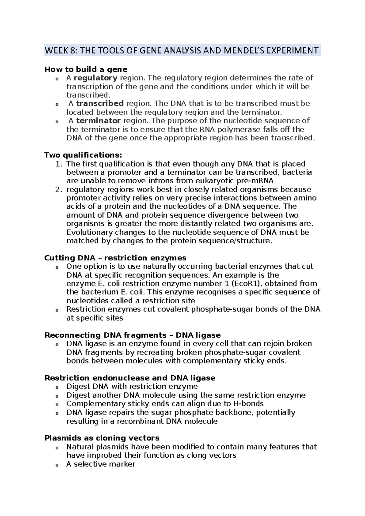 Week 8 Tools Of Gene Anaylsis Summary Week 8 The Tools Of Gene Analysis And Mendels