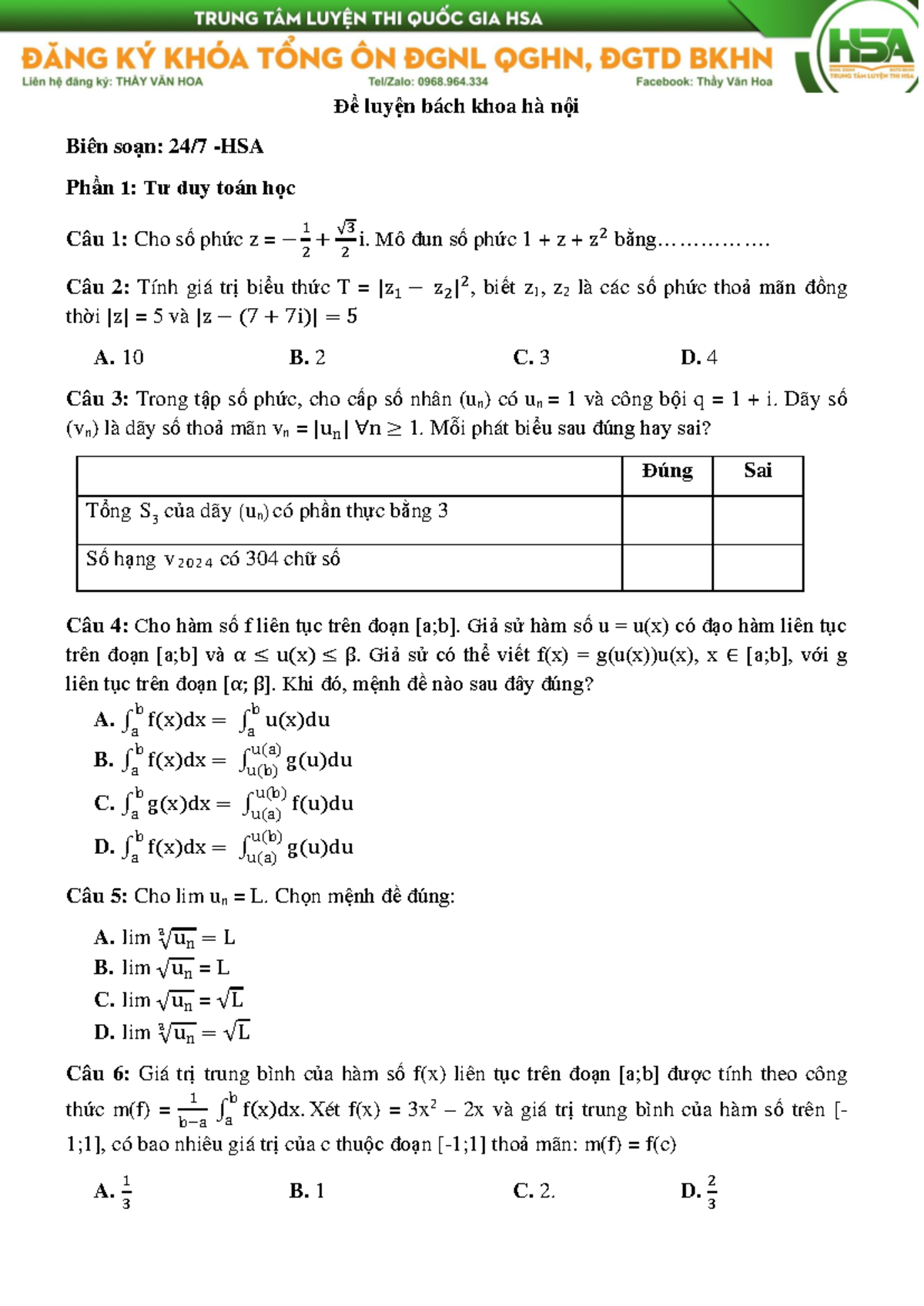 đề luyện 0 - fgdfgdfg - Đề luyện bách khoa hà nội Biên soạn: 24/7 - HSA ...