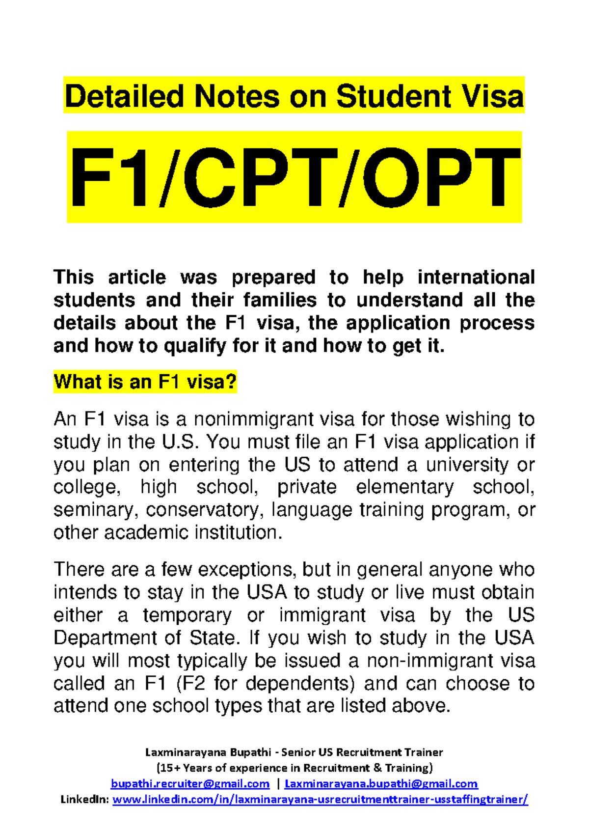 Visa details f1 cpt opt - Laxminarayana Bupathi - Senior US Recruitment ...