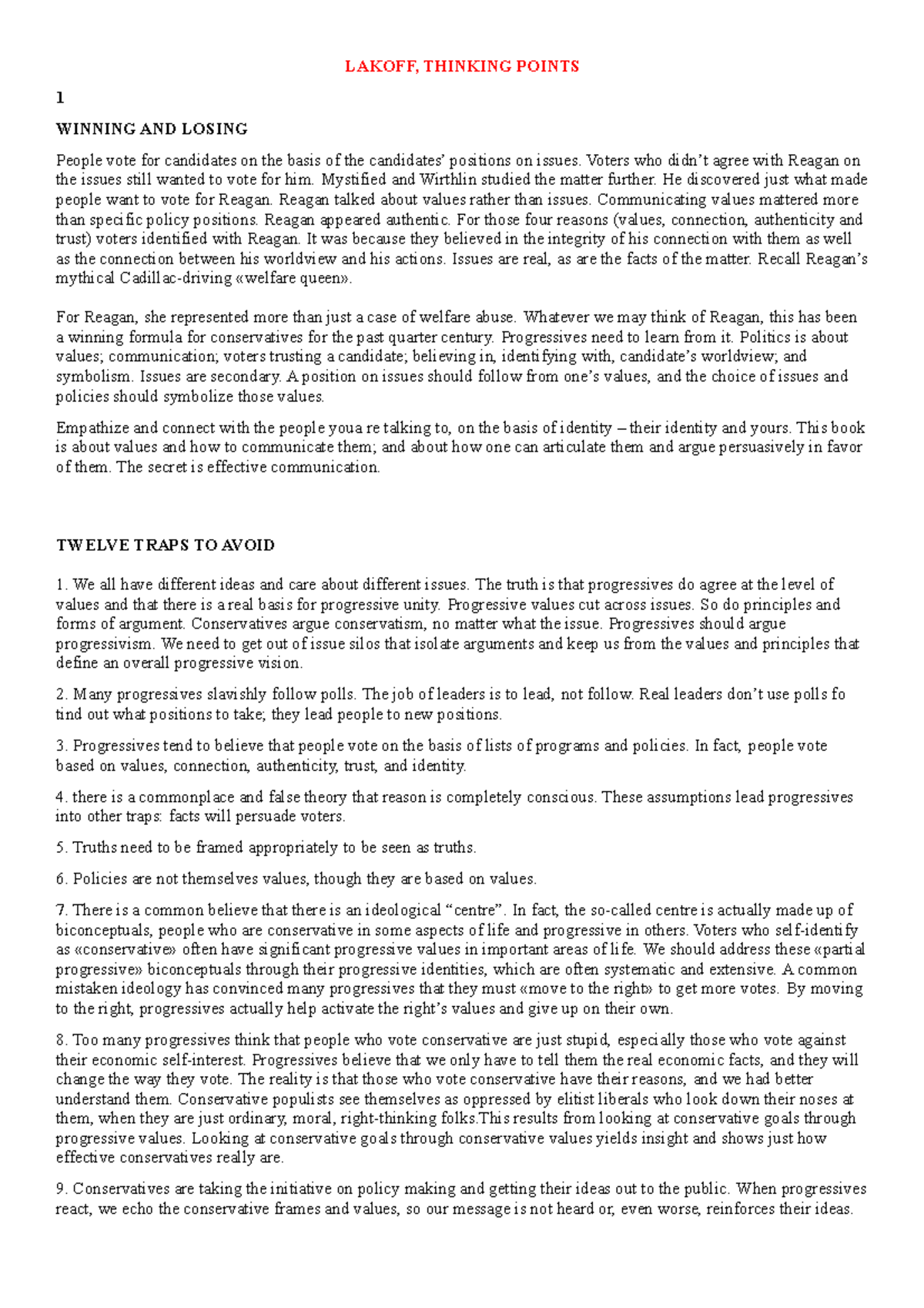 Riassunto "Tinking Points" - George Lakoff - LAKOFF, THINKING POINTS 1 ...