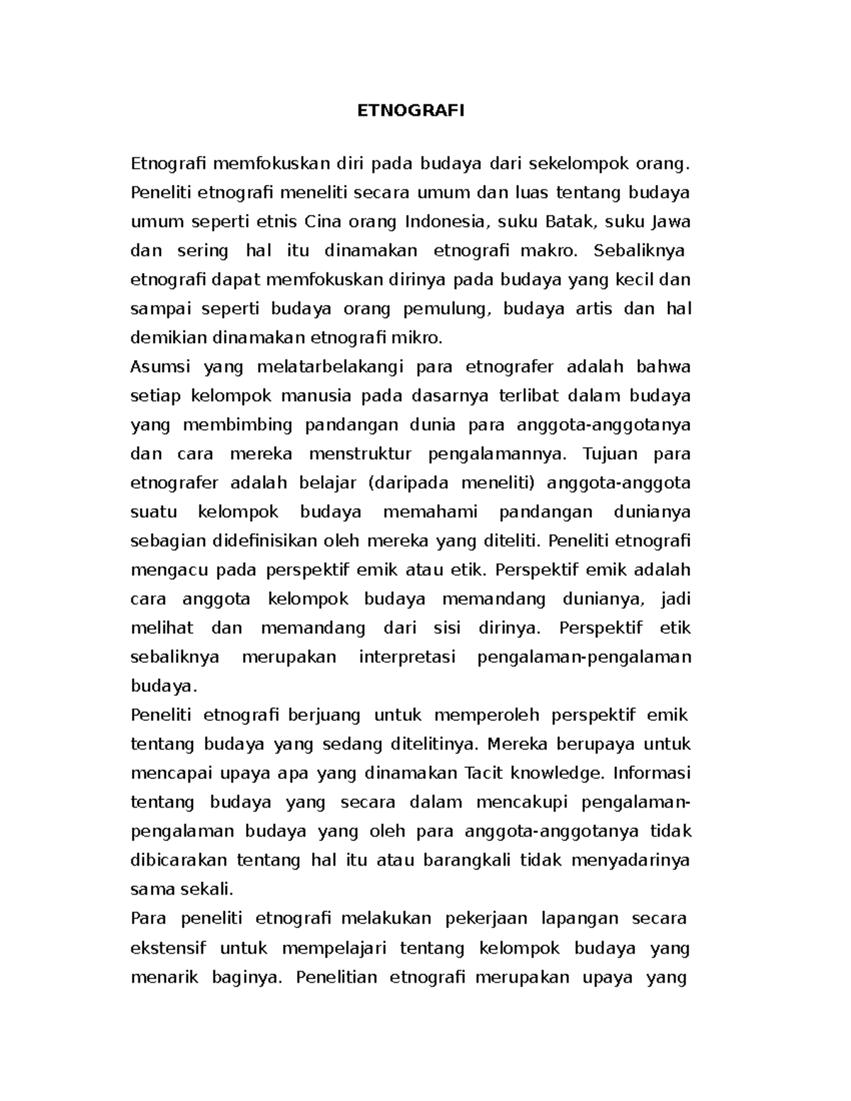 Etnografi - metodologi penelitian kualitatif - ETNOGRAFI Etnografi ...