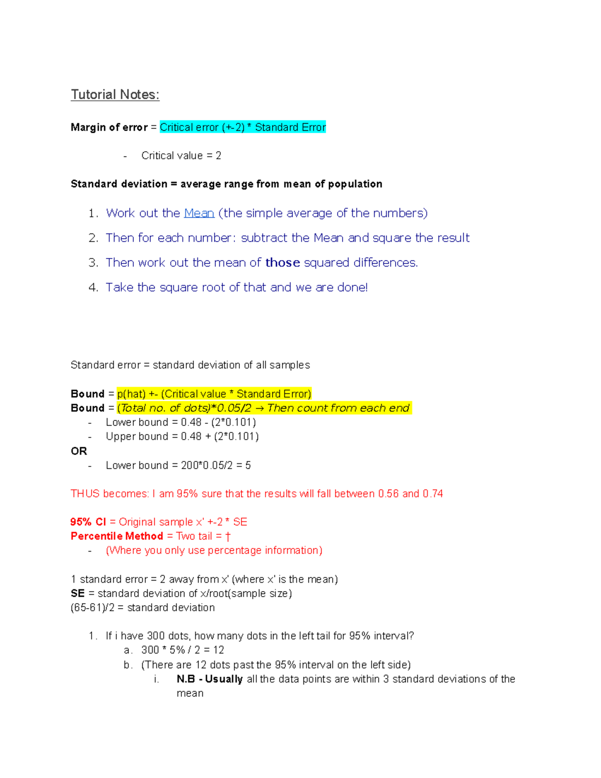 Formulas Notes - Tutorial Notes: Margin of error = Critical error (+-2 ...