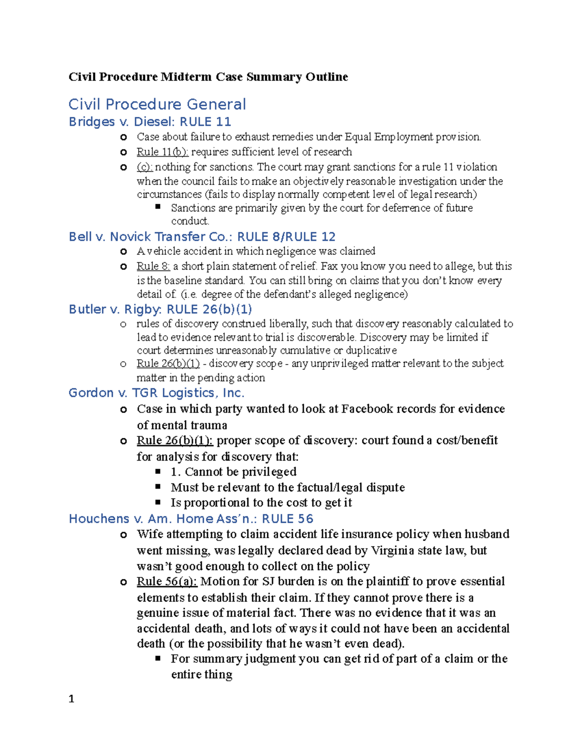 Final Case Summary Outline - Civil Procedure Midterm Case Summary ...