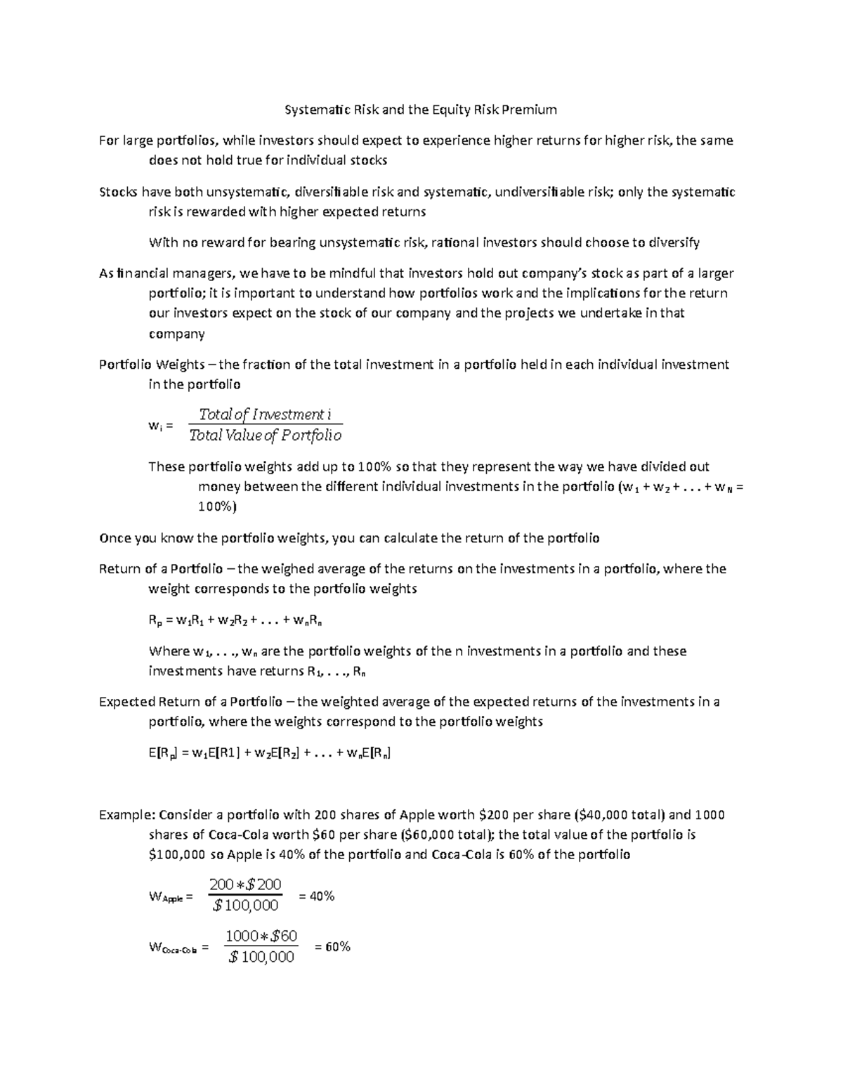 Chapter 12 Notes - Systematic Risk and the Equity Risk Premium For ...