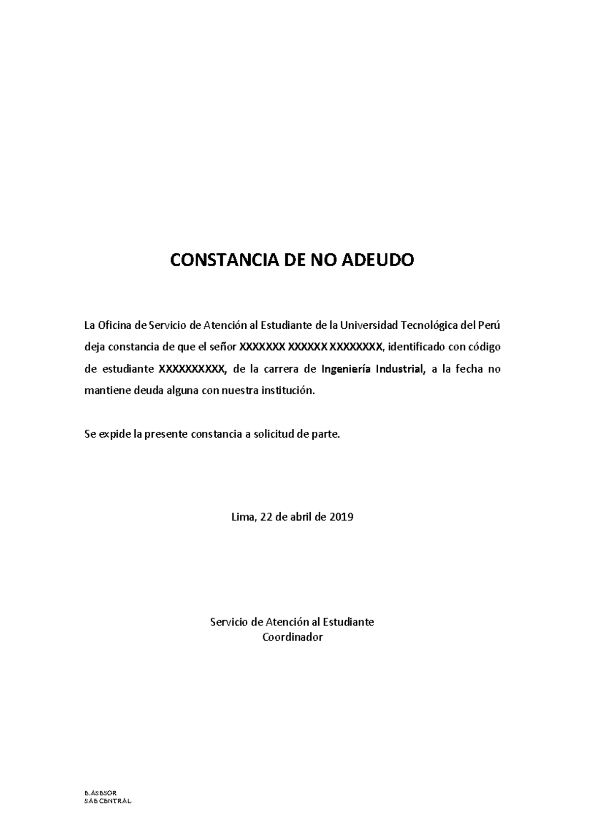 Constancia de adeudo no adeudo - Legislación Empresarial - E SAE ...