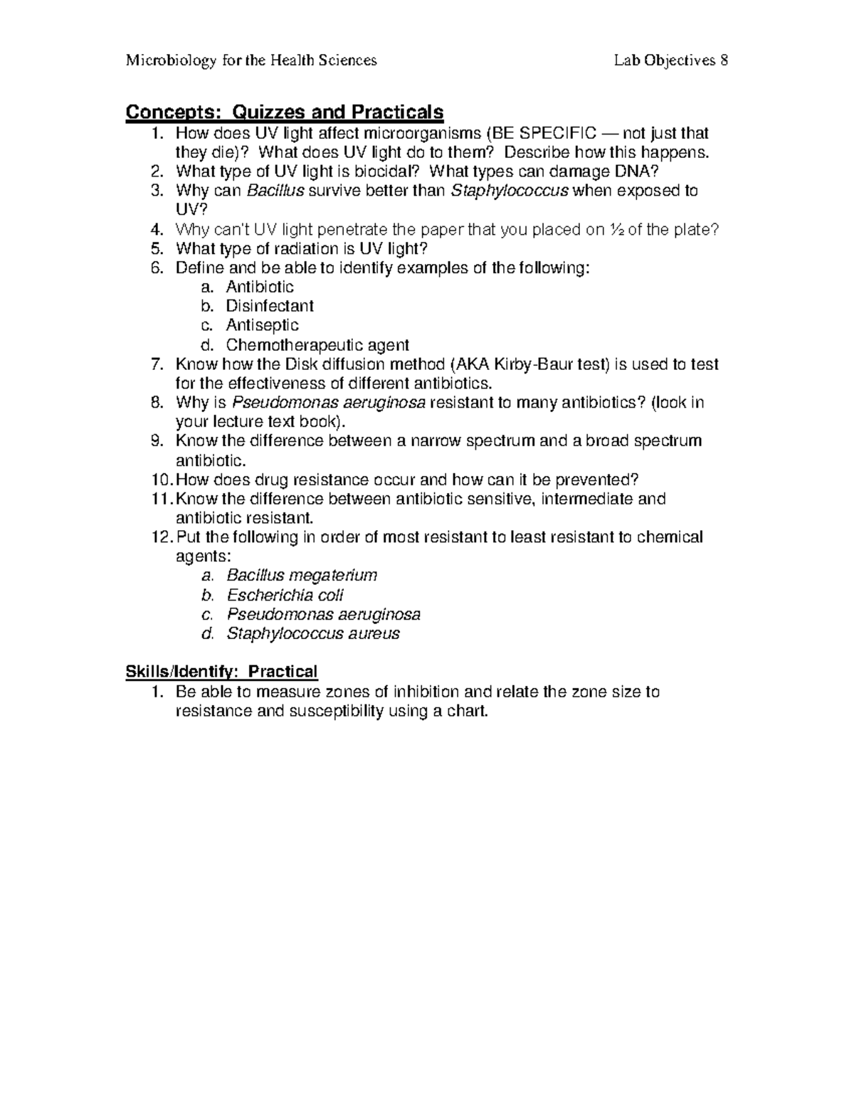 Objectives 8 Revised SP15 - Microbiology for the Health Sciences Lab ...
