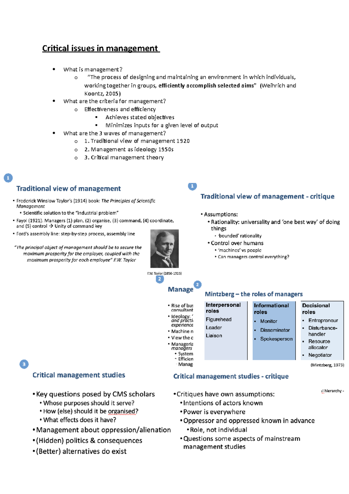 Critical issues in management - Traditional view of management 1920 o 2 ...