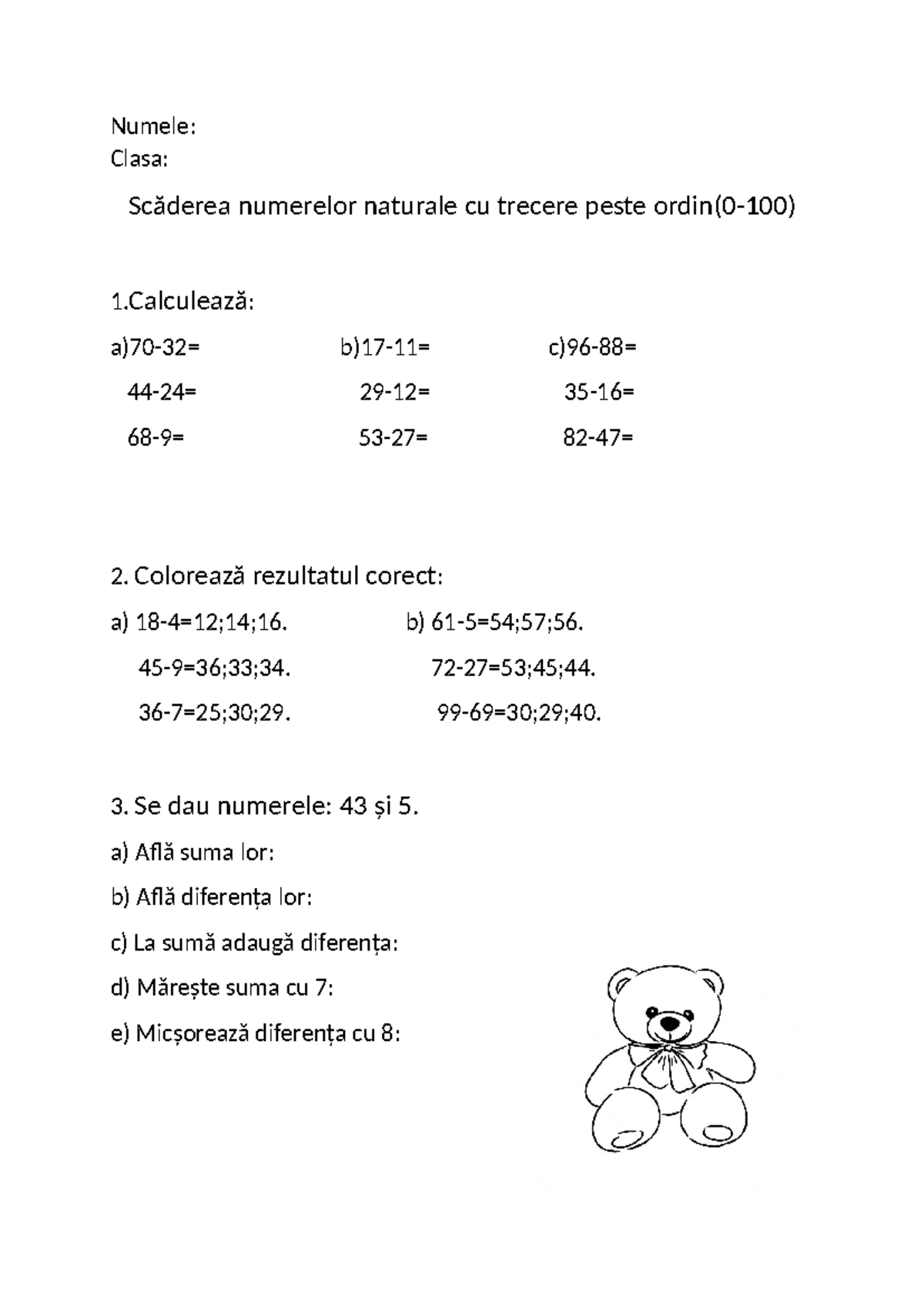 Fișă lucru-scaderea numerelor naturale de la 0 la 100 cu trecere peste ...