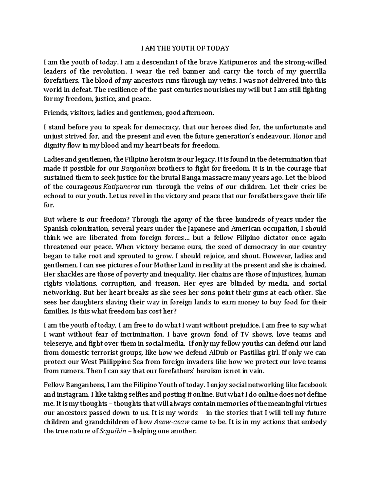 Oration-1 I-am-The-Youth-of-Today - I AM THE YOUTH OF TODAY I am the ...