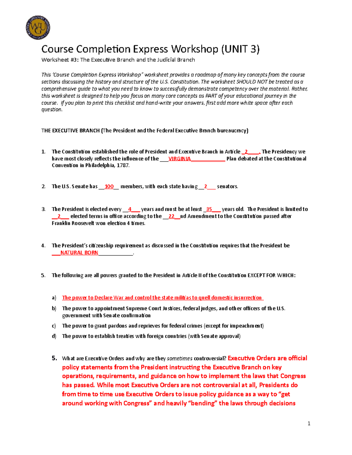 Executive and Judicial Branch Worksheet - C963 - WGU - Studocu