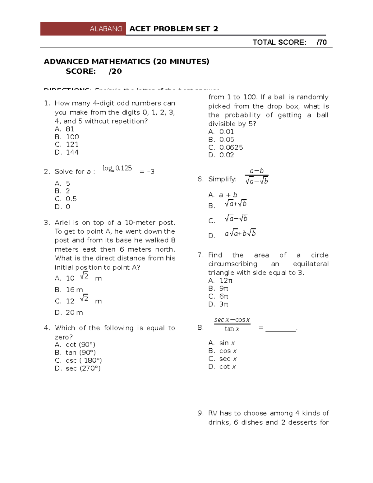 Pdfcoffee.com acet-probset-2-questions-pdf-free - 1. How many 4-digit odd numbers can you make ...