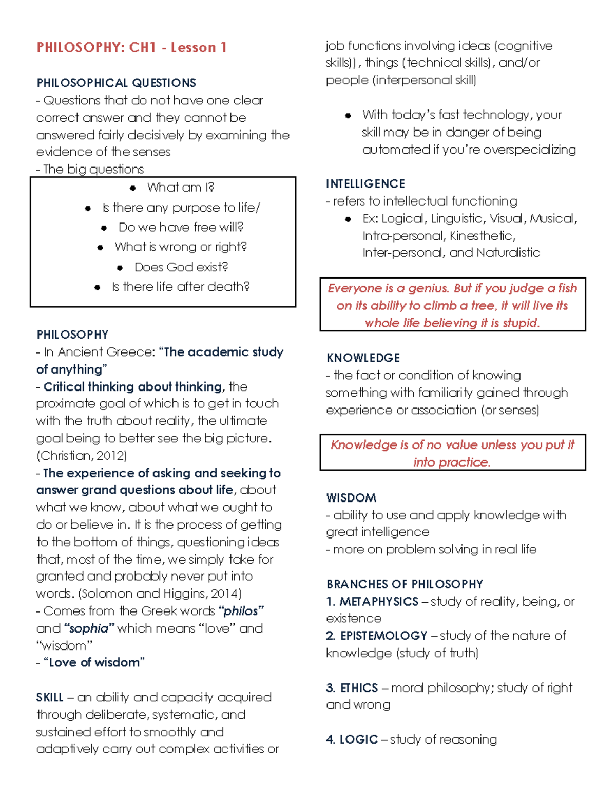 Philosophy - PHILOSOPHY: CH1 - Lesson 1 PHILOSOPHICAL QUESTIONS ...