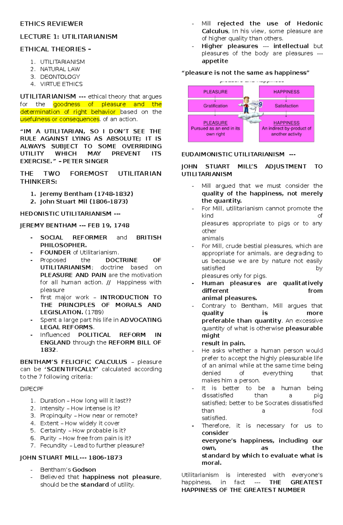 Ethics Reviewer - hehe - ETHICS REVIEWER LECTURE 1: UTILITARIANISM ...