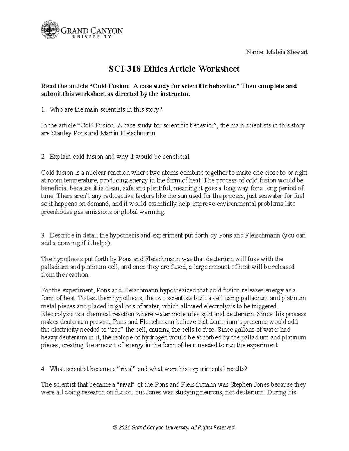 SCI318 Ethics Article Worksheet - Name: Maleia Stewart SCI-318 Ethics ...