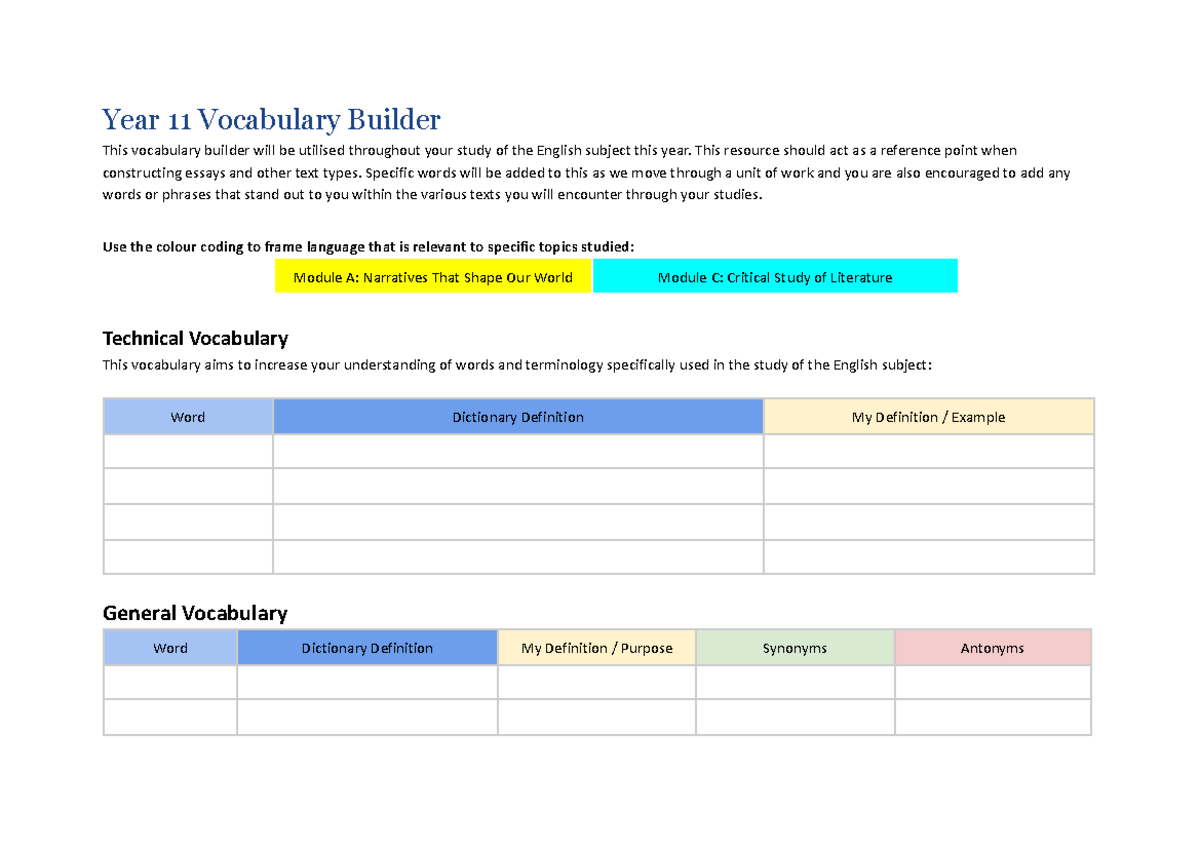 Year 11 Vocabulary Builder - Year 11 Vocabulary Builder This vocabulary ...