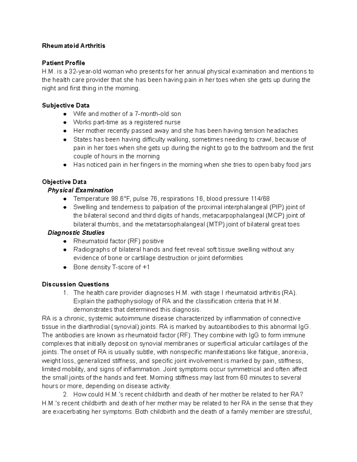 NURS201 Case Study RA - Rheumatoid Arthritis Patient Profile H. is a ...