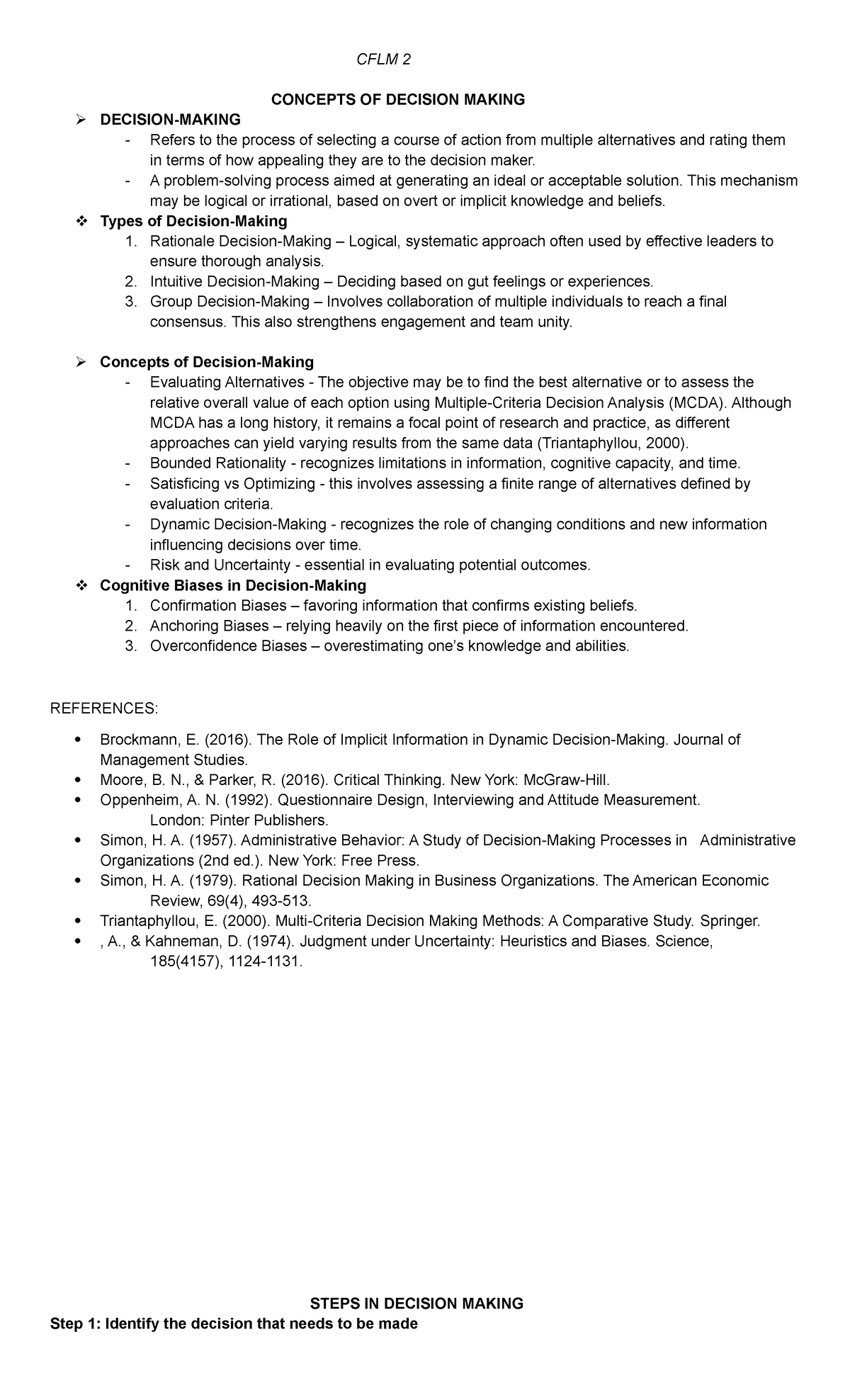 Concept of Decision Making and Steps in Decision Making - CFLM 2 ...