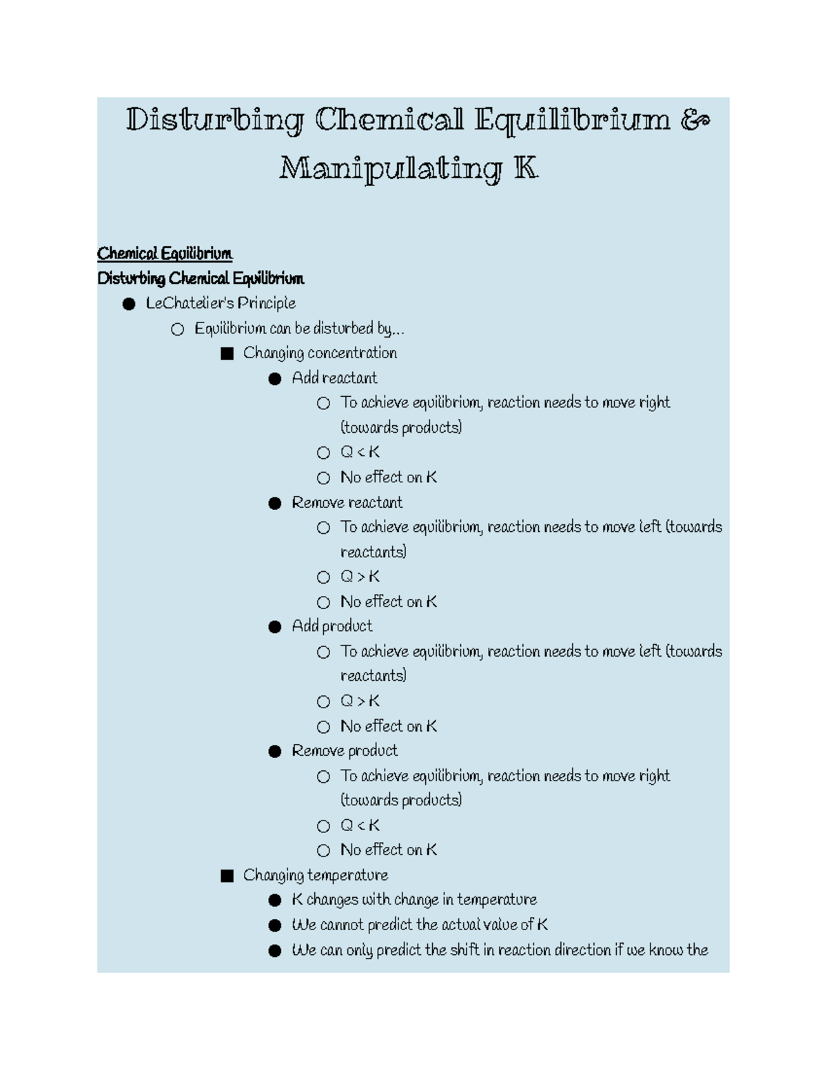 Disturbing Chemical Equilibrium Manipulating K - Disturbing Chemical ...