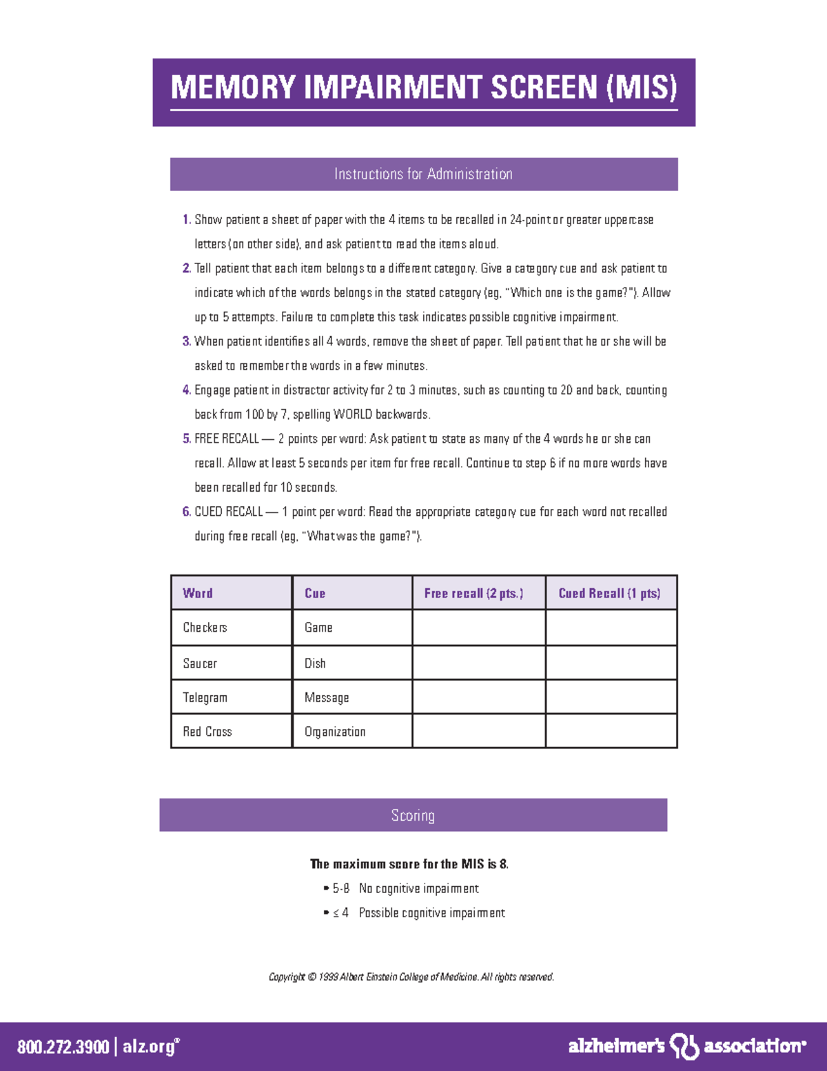 Memory impairment screening mis - 800.272 | alz® MEMORY IMPAIRMENT ...