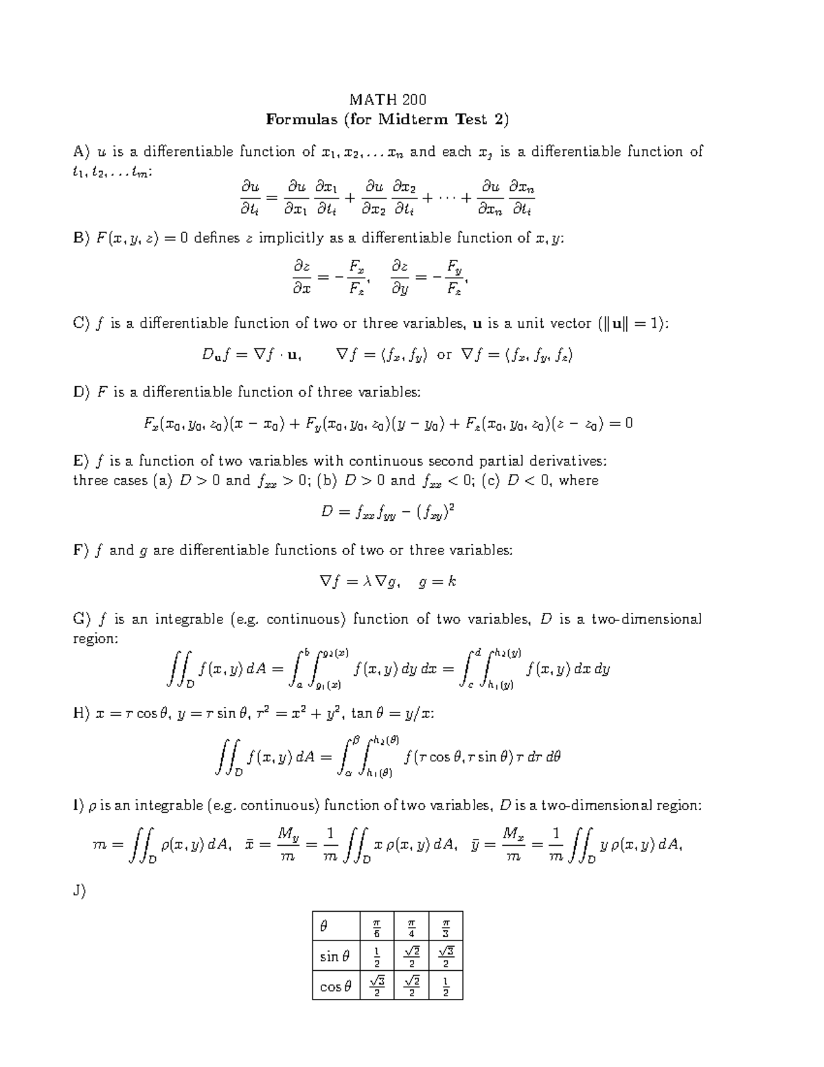 Midterm 2 - MATH 200 Formulas (for Midterm Test 2) A) u is a ...