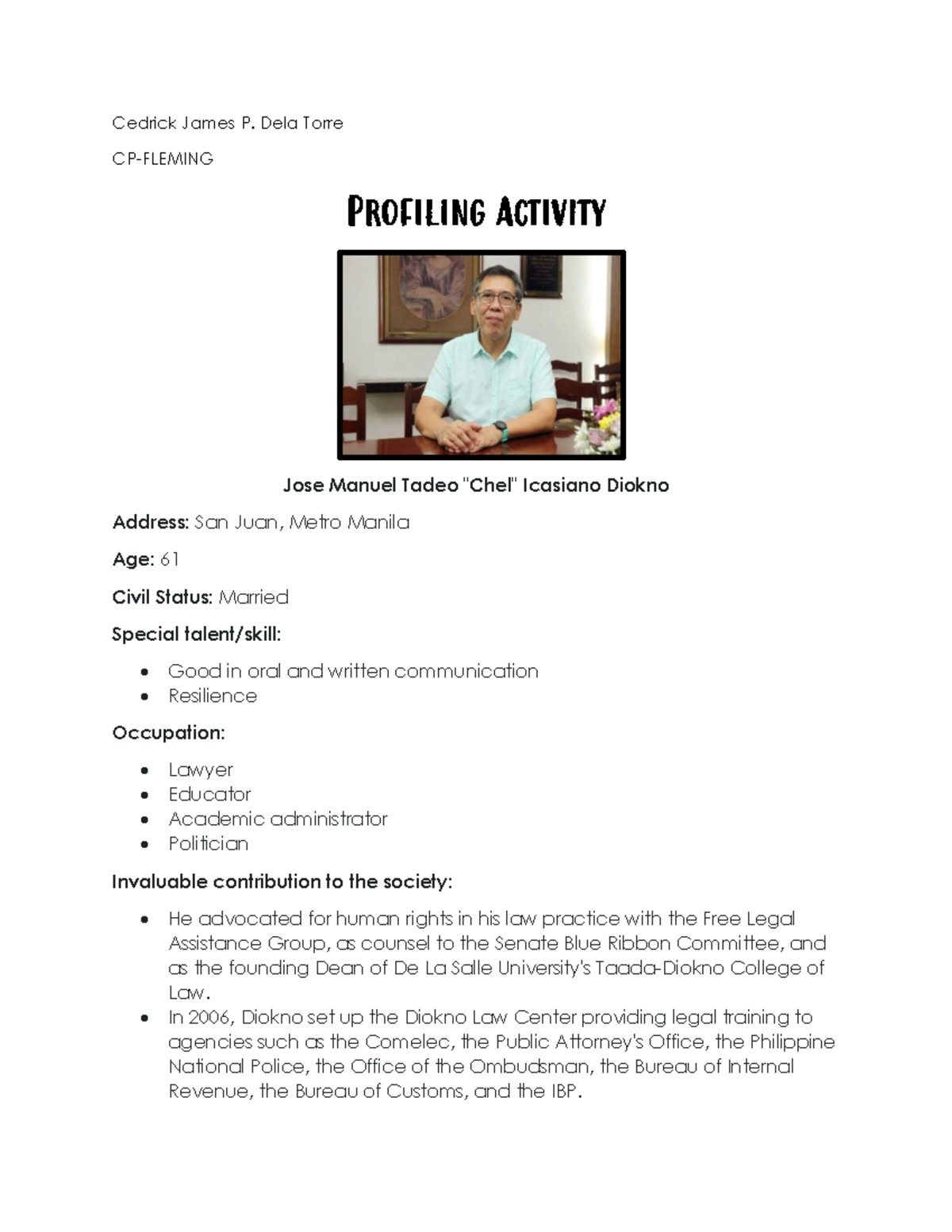 Philooo - dada - Cedrick James P. Dela Torre CP-FLEMING Profiling ...
