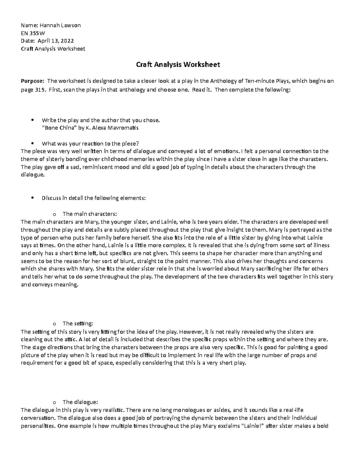 Craft Analysis Worksheet - 4 - EN 355W - UNA - Studocu