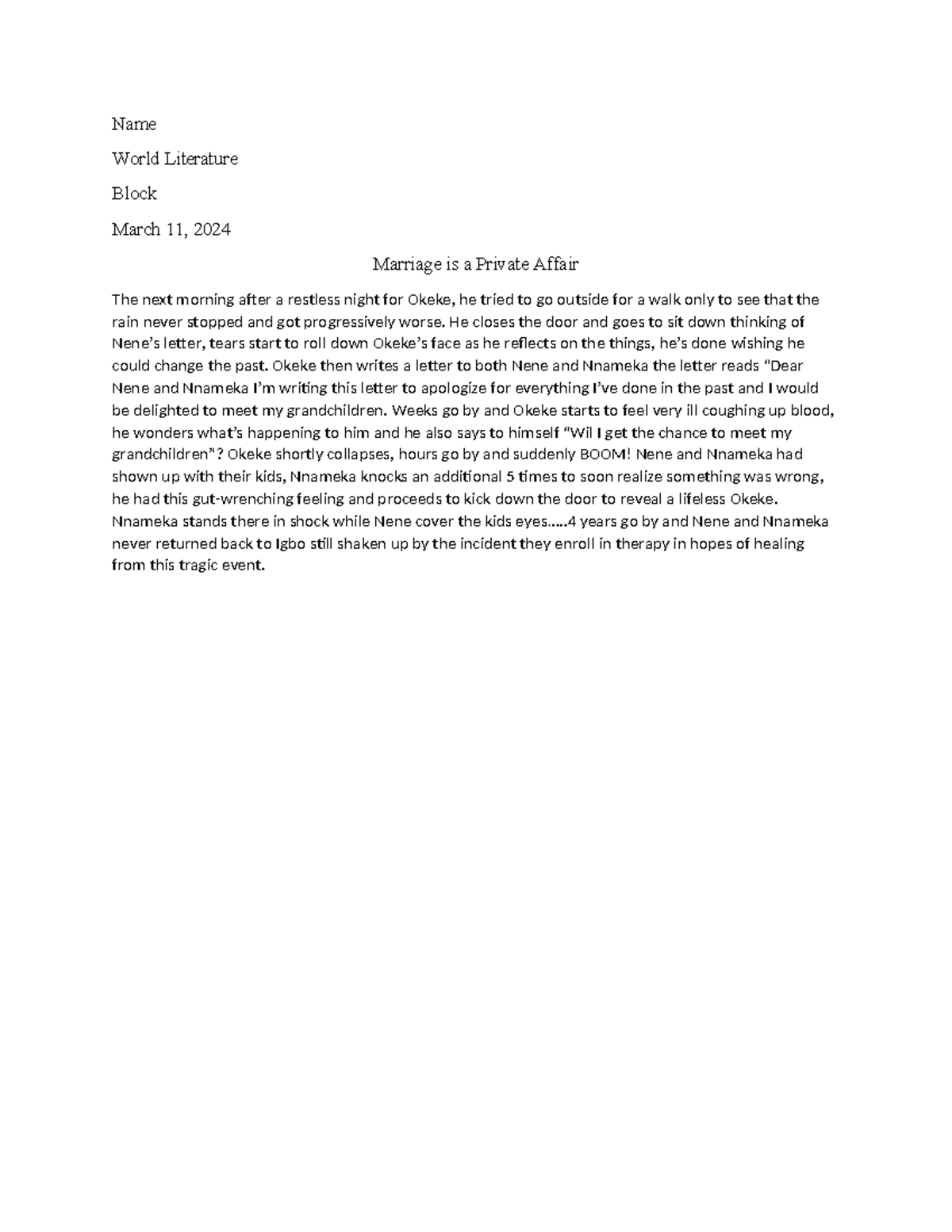 Marriage is a Private Affair. Part 4 - Name World Literature Block ...