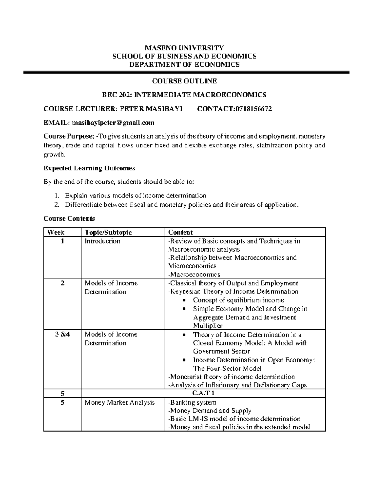 BEC 202 Course Outline - majors on intermediate macroeconomics - MASENO ...