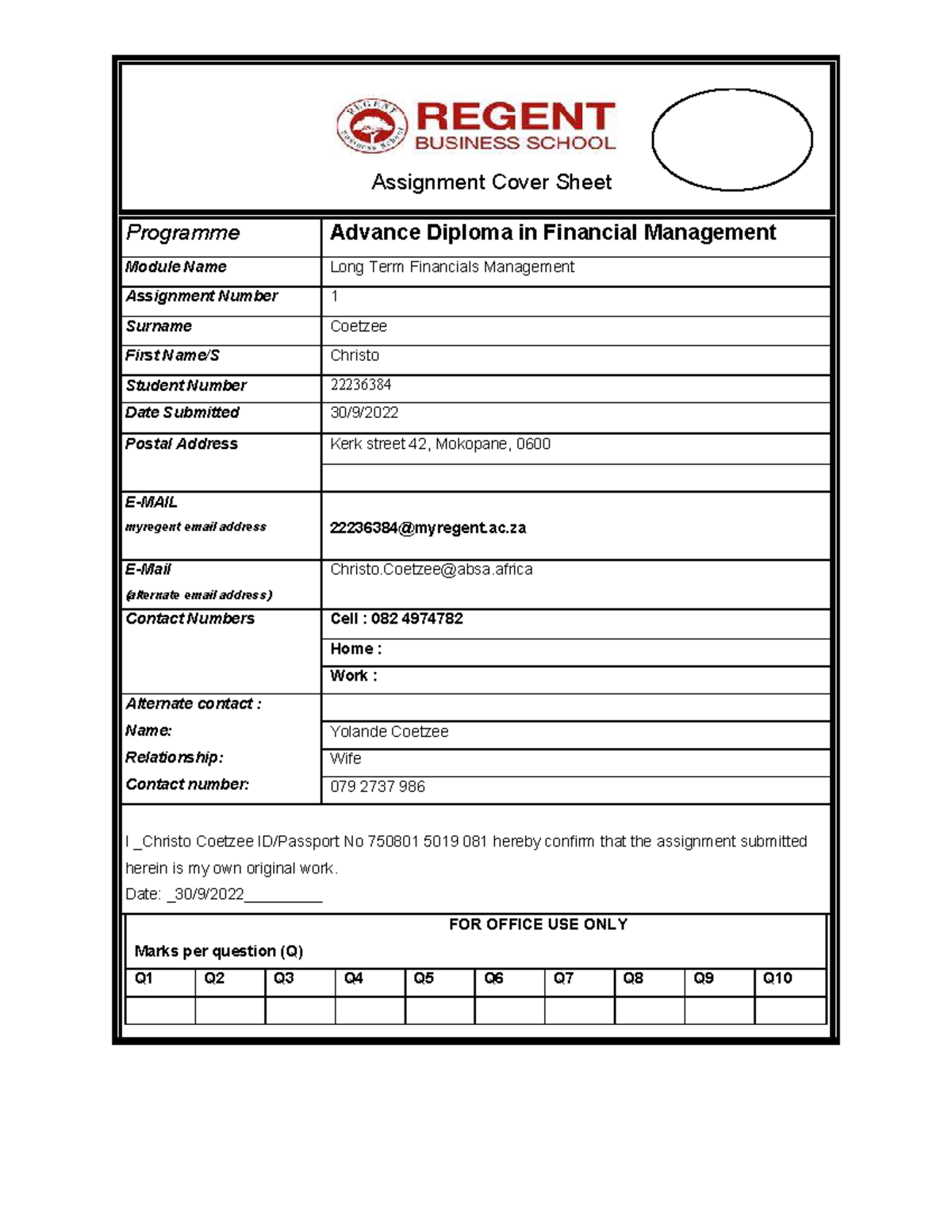 Long - Term Financial Management Assignment - Assignment Cover Sheet ...