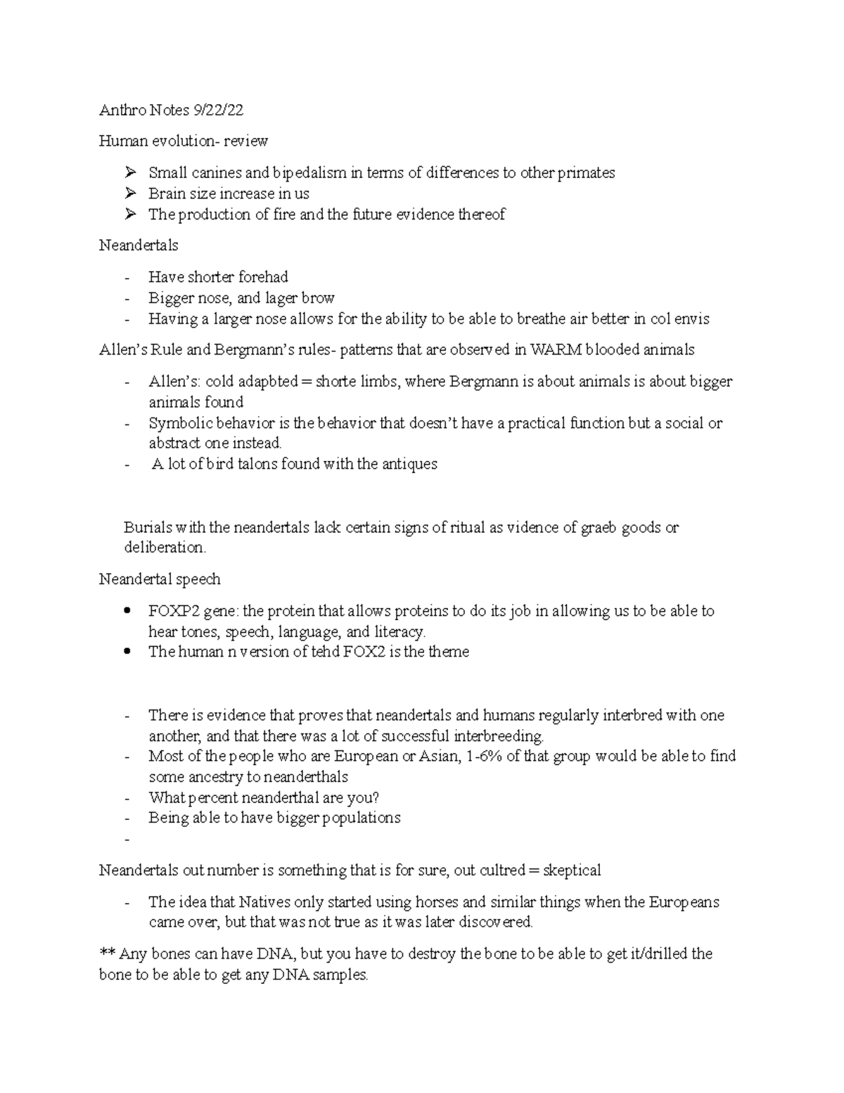 Anthro Notes earlier - Anthro Notes 9/22/ Human evolution- review Small ...