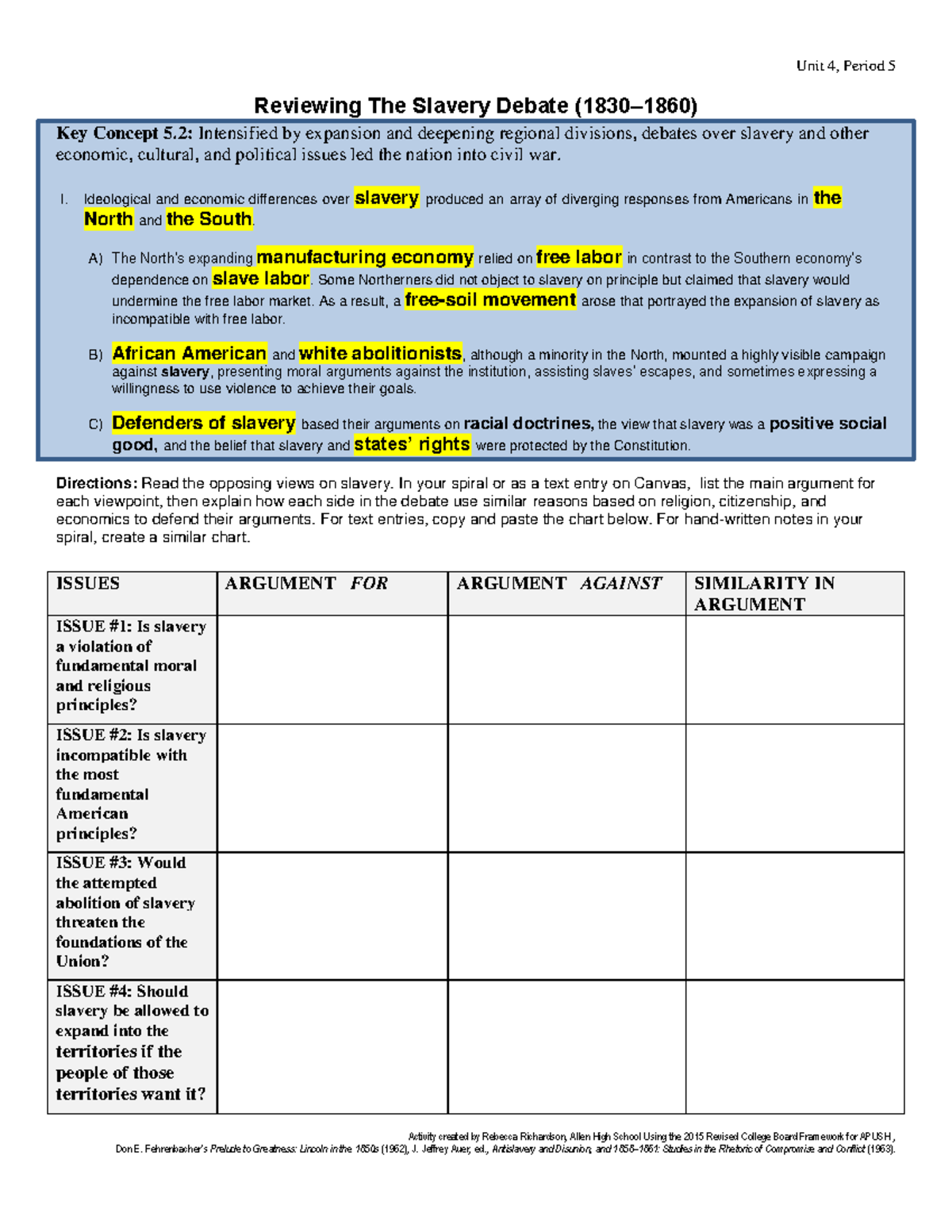 The Slavery Debate Review Activity - Unit 4, Period 5 Activity created ...