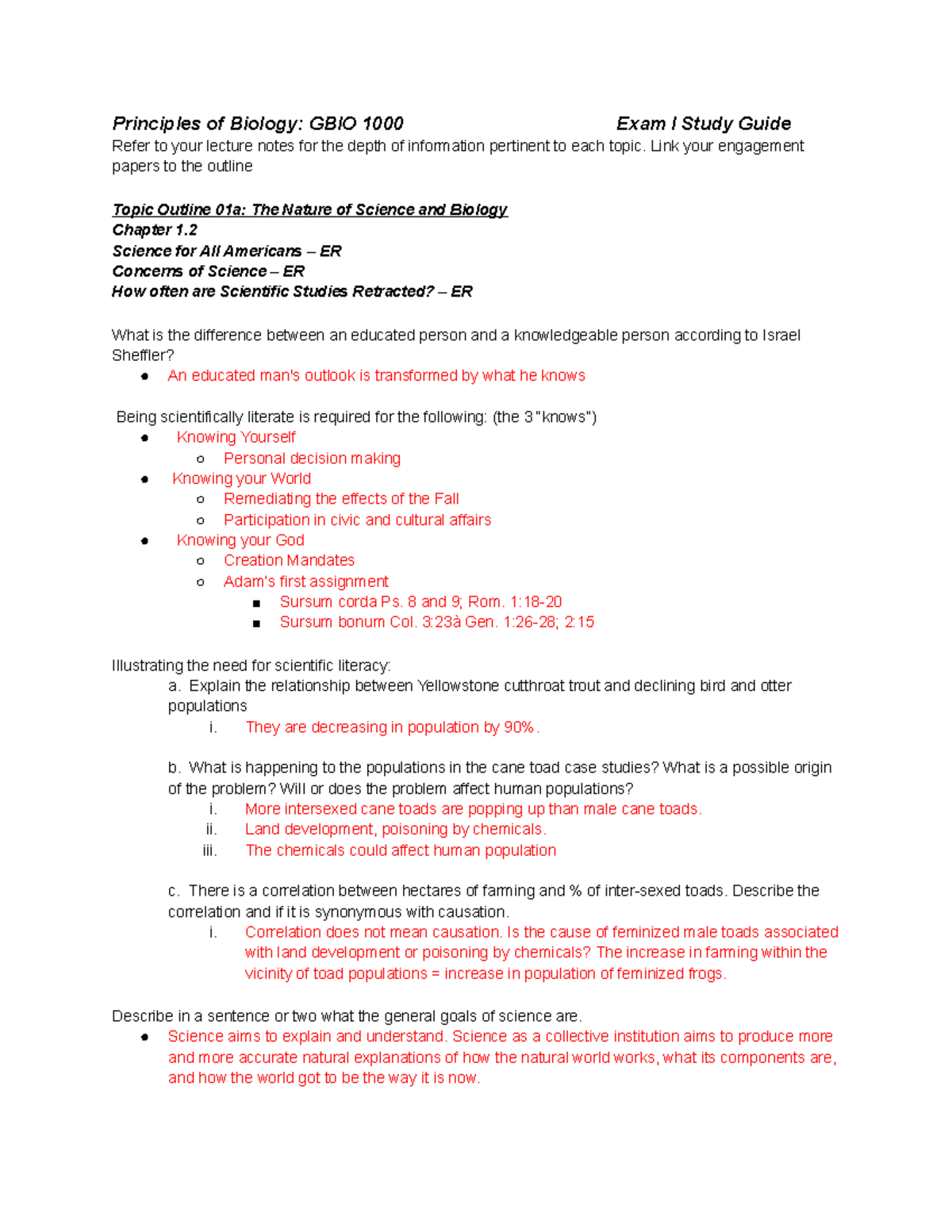 Principles of Biology Exam I Study Guide - Principles of Biology: GBIO ...