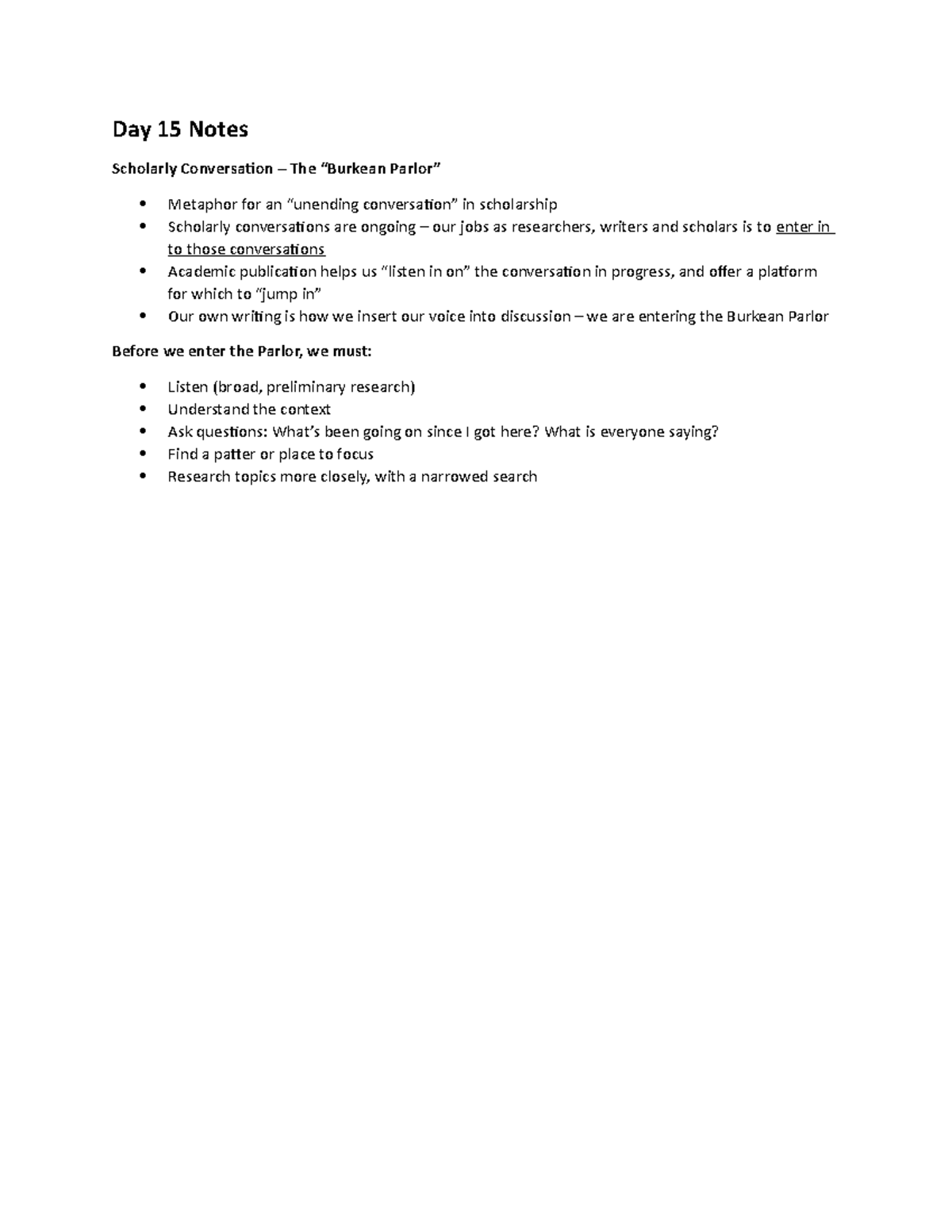 Day 15 Notes - holly hayes - Day 15 Notes Scholarly Conversation – The ...